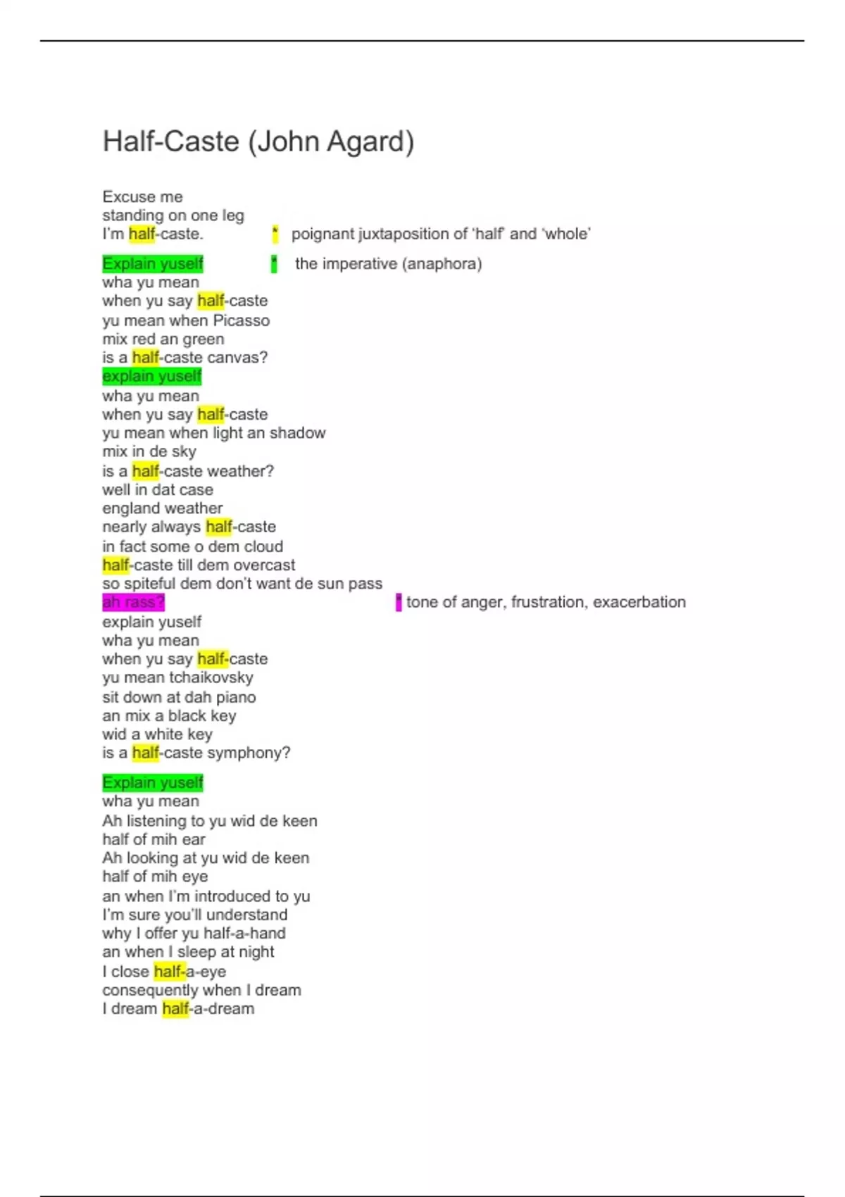 Level 9 iGCSE English Literature analysis of "Half Caste" - English ...