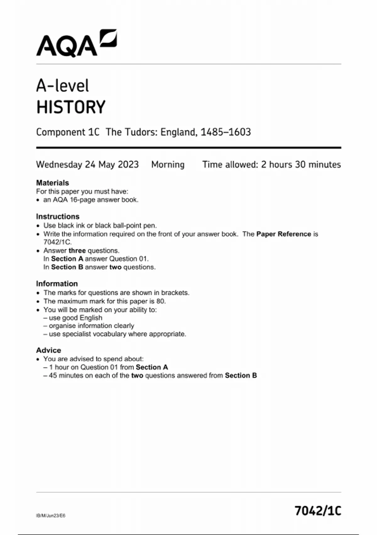 AQA A level HISTORY 7042/1C QUESTION PAPER 1C 2023 (Component 1C The ...