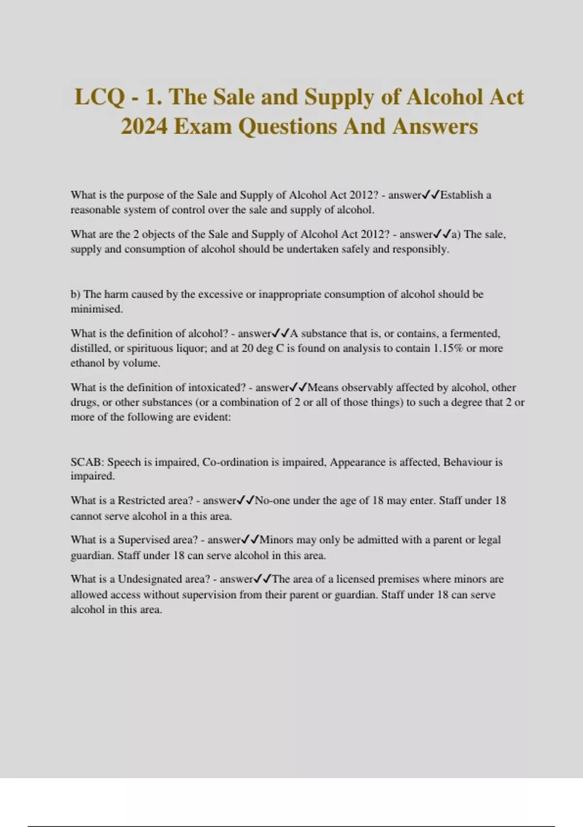 LCQ - 1. The Sale and Supply of Alcohol Act 2024 Exam Questions And ...