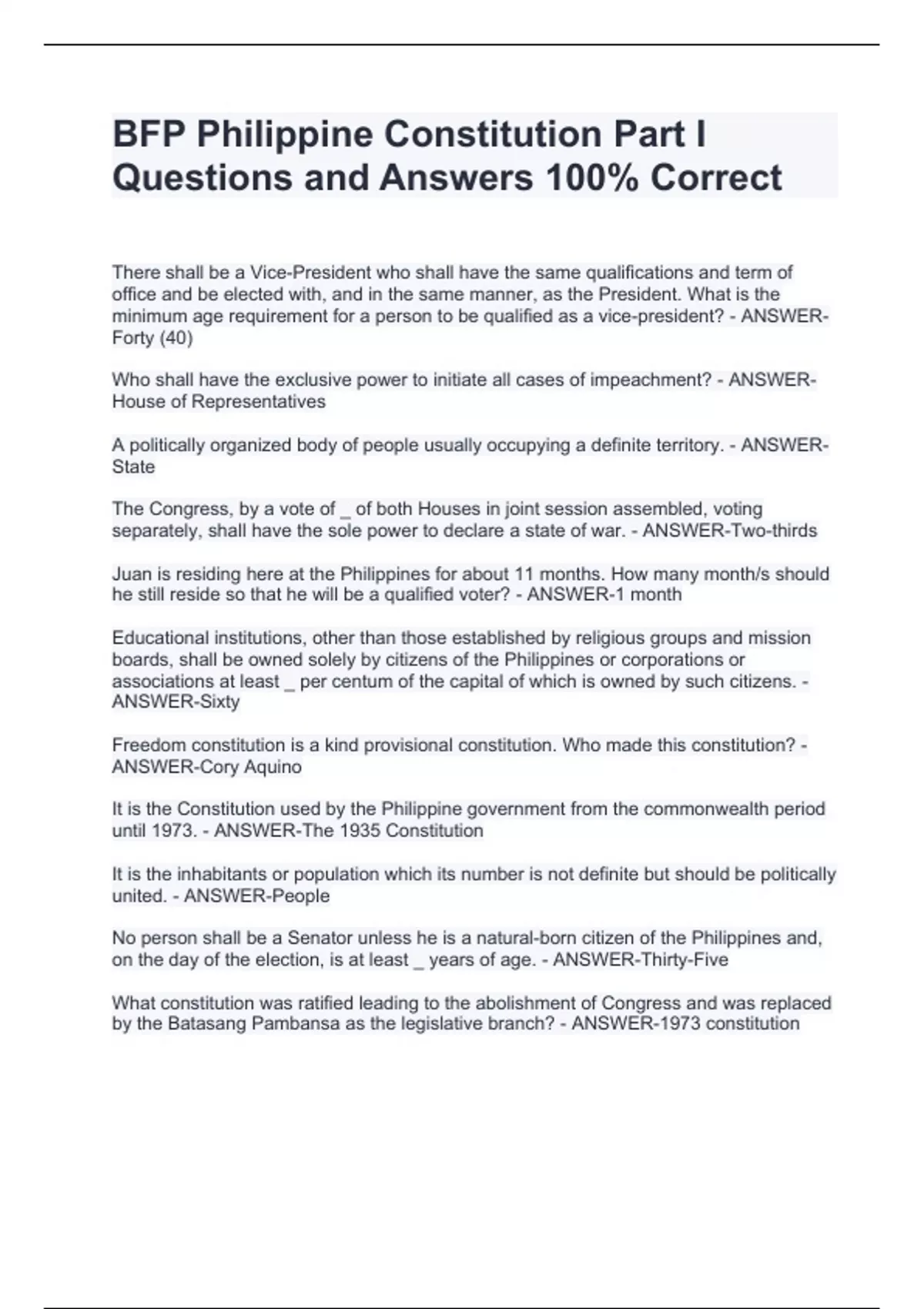 BFP Philippine Constitution Part I Questions and Answers 100% Correct - BFP Philippine ...