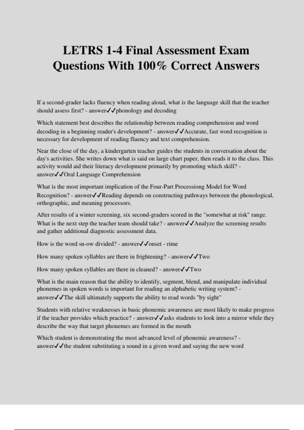 LETRS 1-4 Final Assessment Exam Questions With 100% Correct Answers ...