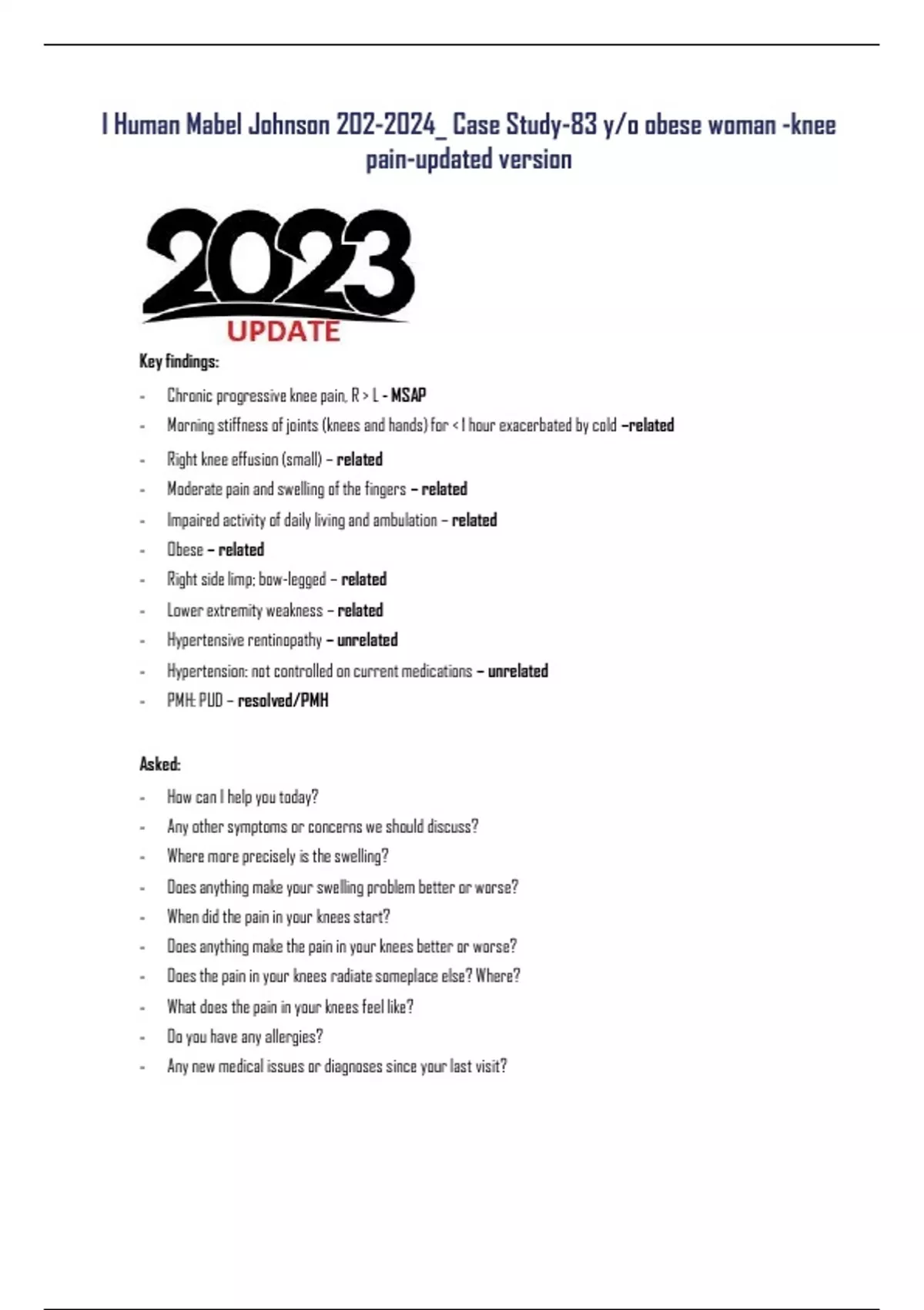 I Human Mabel Johnson 202-2024_ Case Study-83 y/o obese woman -knee ...