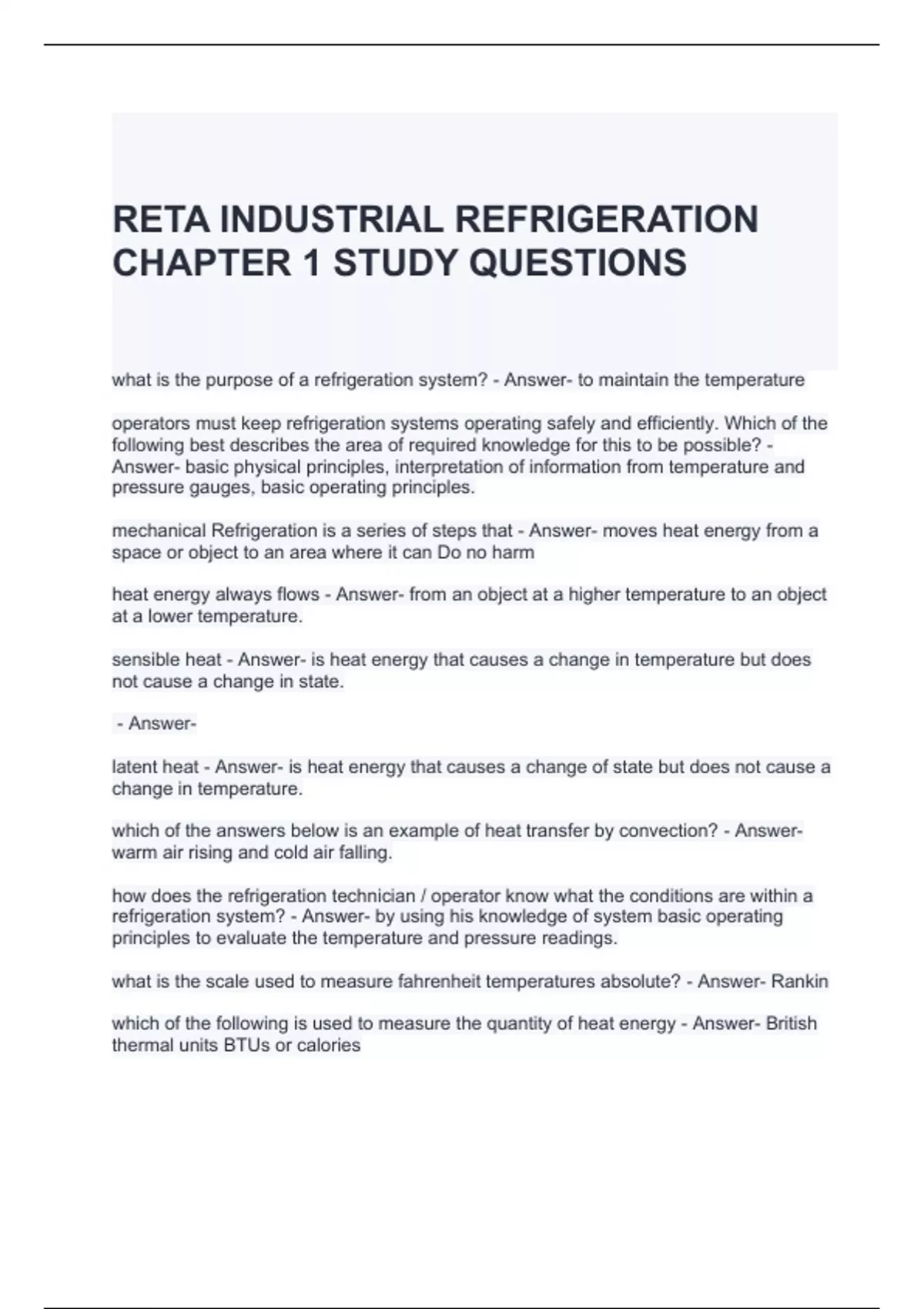 RETA INDUSTRIAL REFRIGERATION CHAPTER 1 STUDY QUESTIONS WITH CORRECT ...