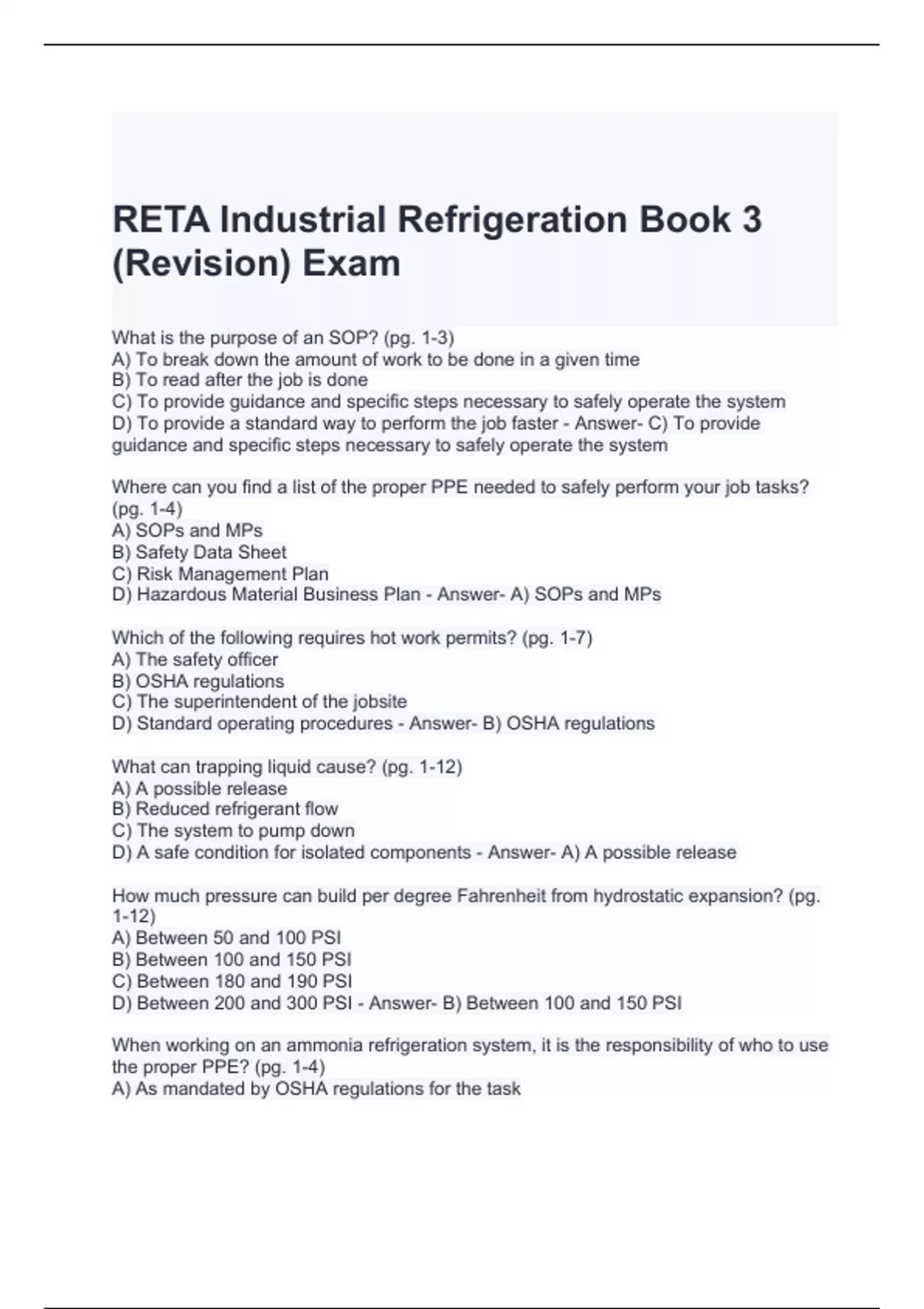 RETA Industrial Refrigeration Book 3 (Revision) Exam Questions with ...