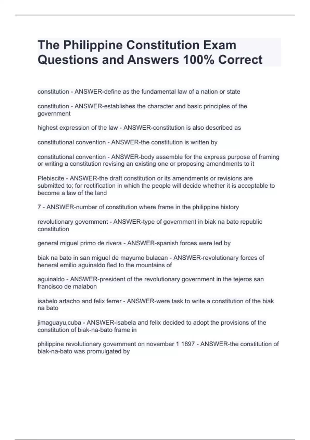 The Philippine Constitution Exam Questions and Answers 100% Correct ...