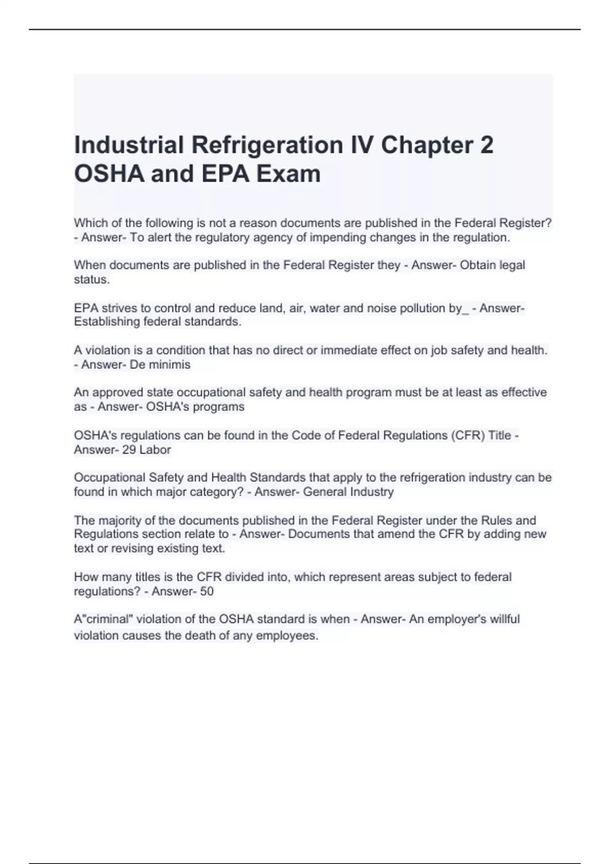 Industrial Refrigeration IV Chapter 2 OSHA and EPA Exam Questions and Answers - RETA INDUSTRIAL ...