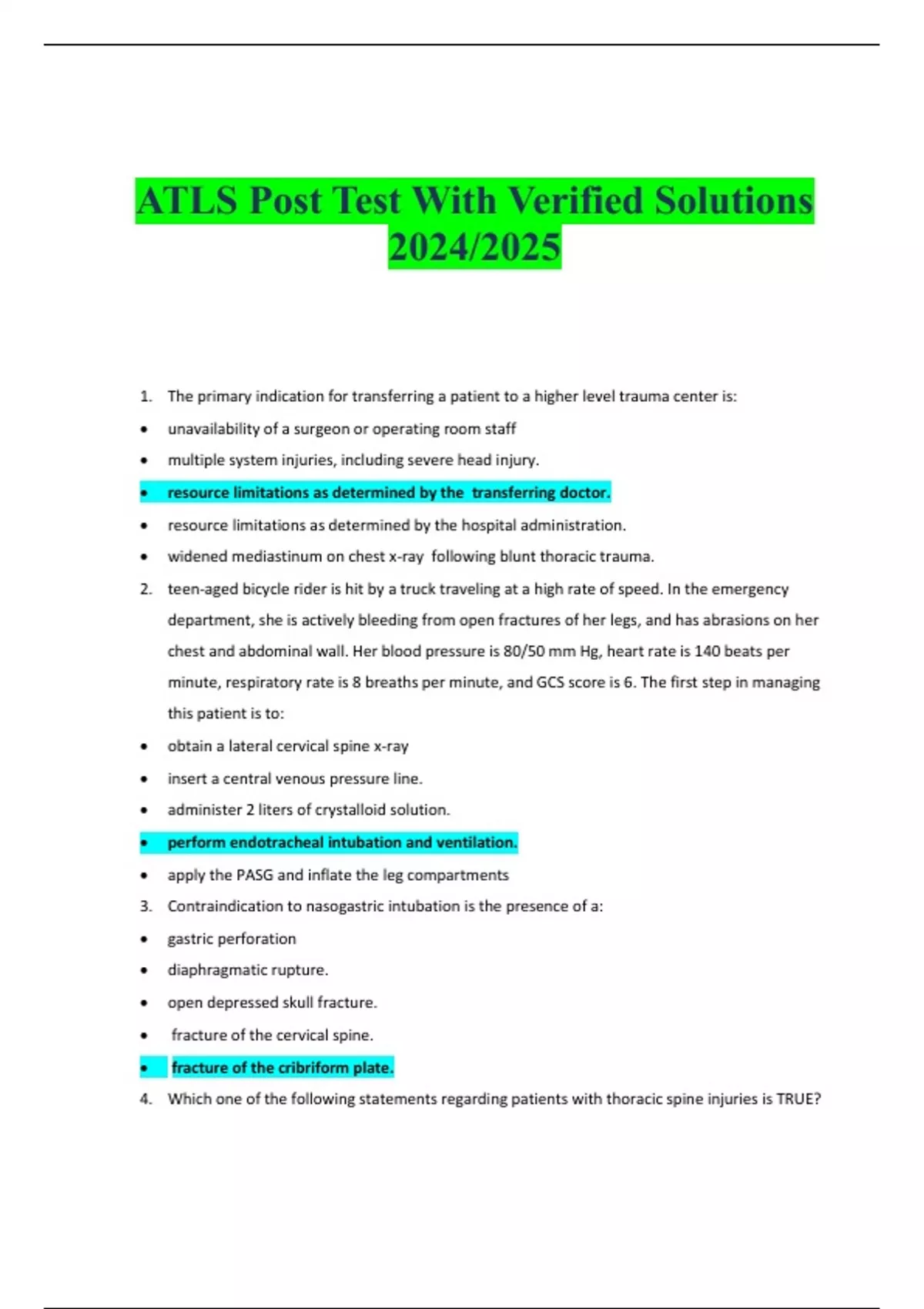 ATLS Post Test 2024 With Verified Solutions - ATLS - Stuvia US