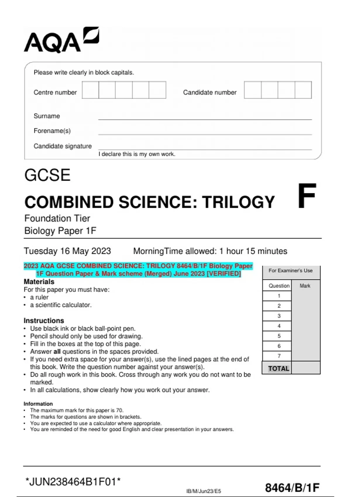 2023 AQA GCSE COMBINED SCIENCE: TRILOGY 8464/B/1F Biology Paper 1F ...