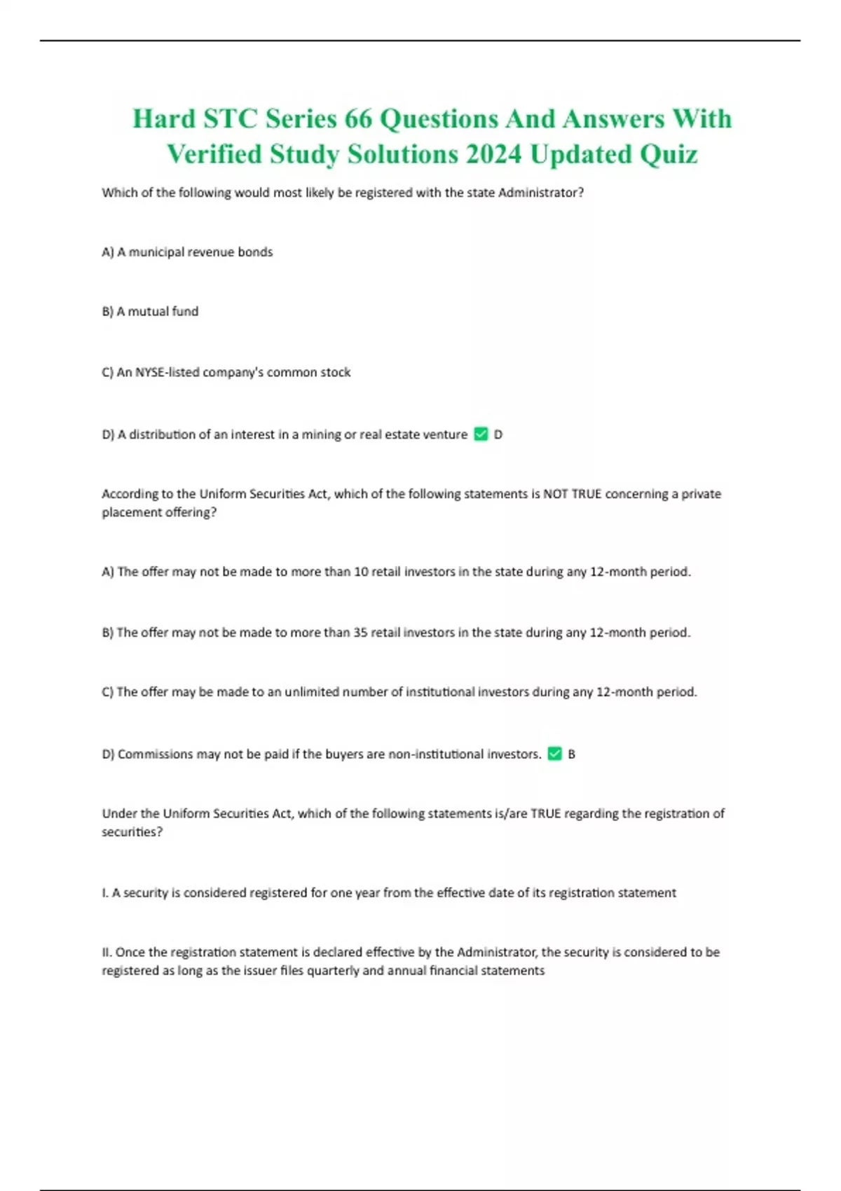 Hard STC Series 66 Questions And Answers With Verified Study Solutions ...