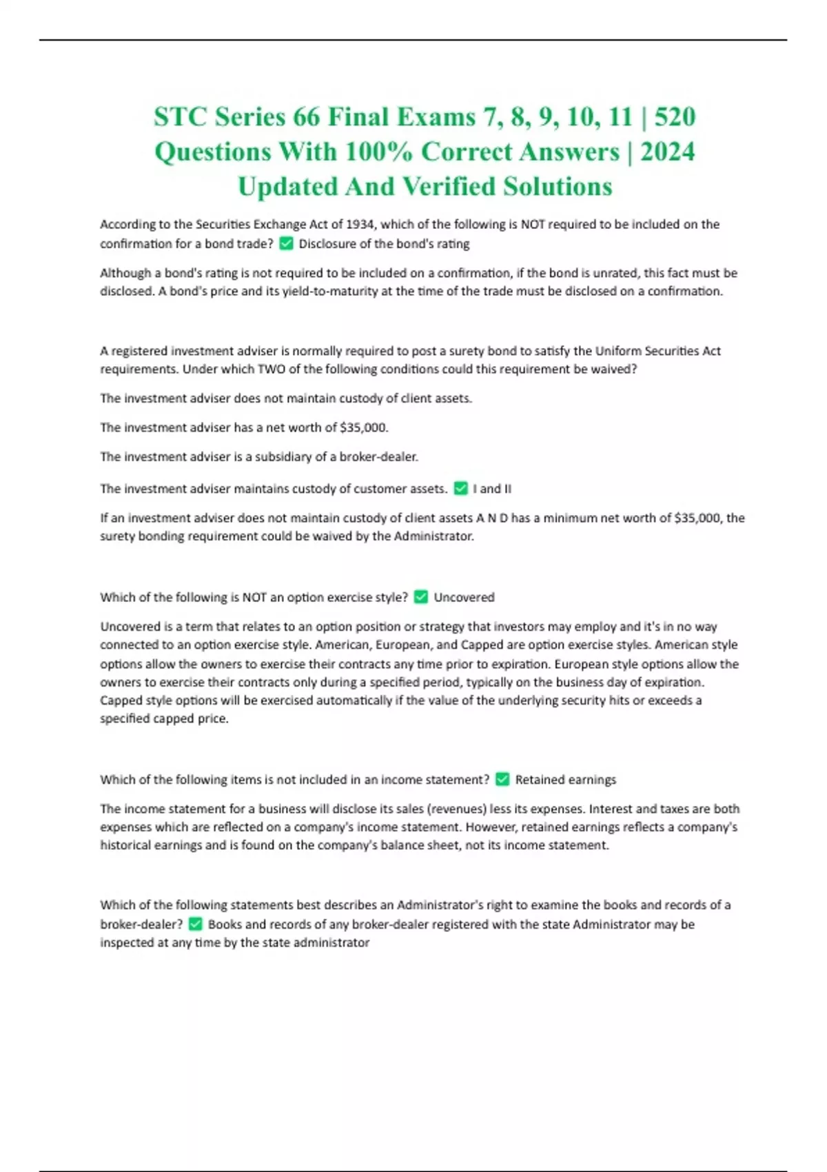 STC Series 66 Final Exams 7, 8, 9, 10, 11 | 520 Questions With 100% ...