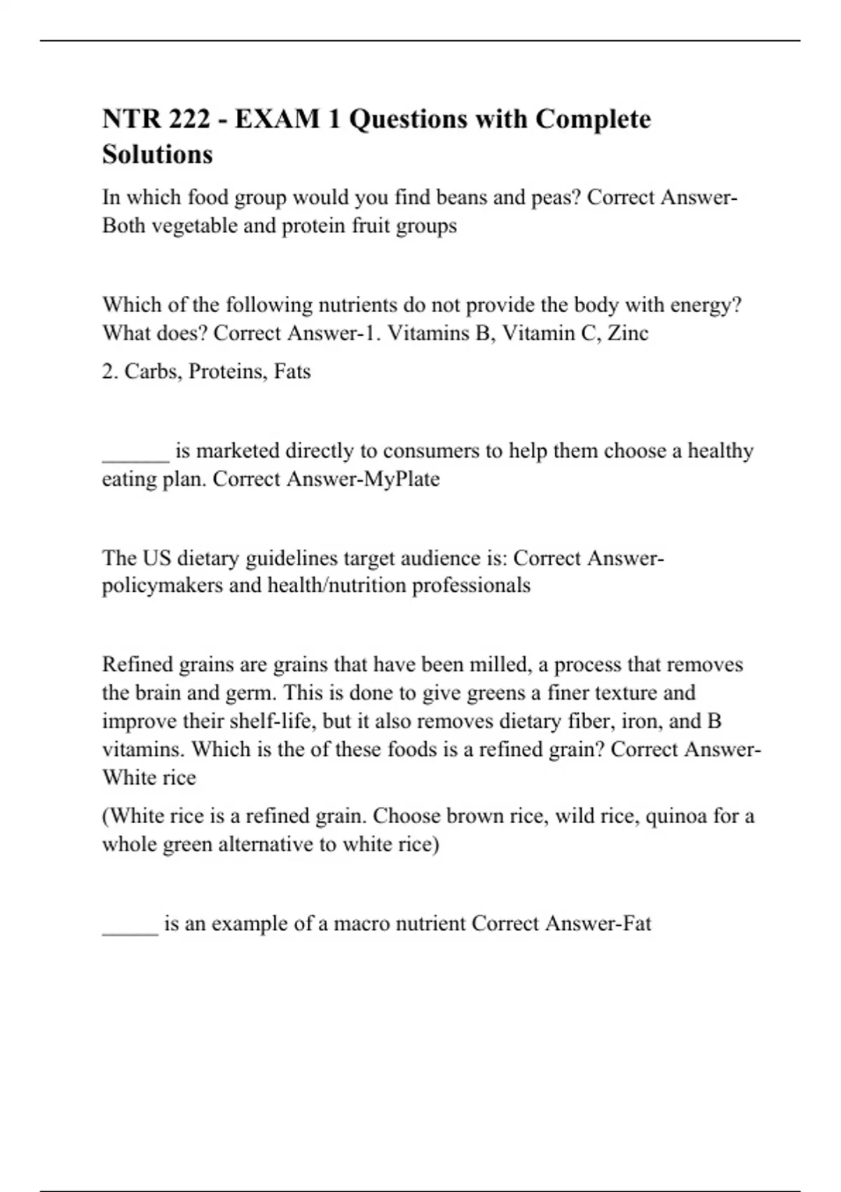 NTR 222 - EXAM 1 Questions with Complete Solutions - NTR 222 - Stuvia US