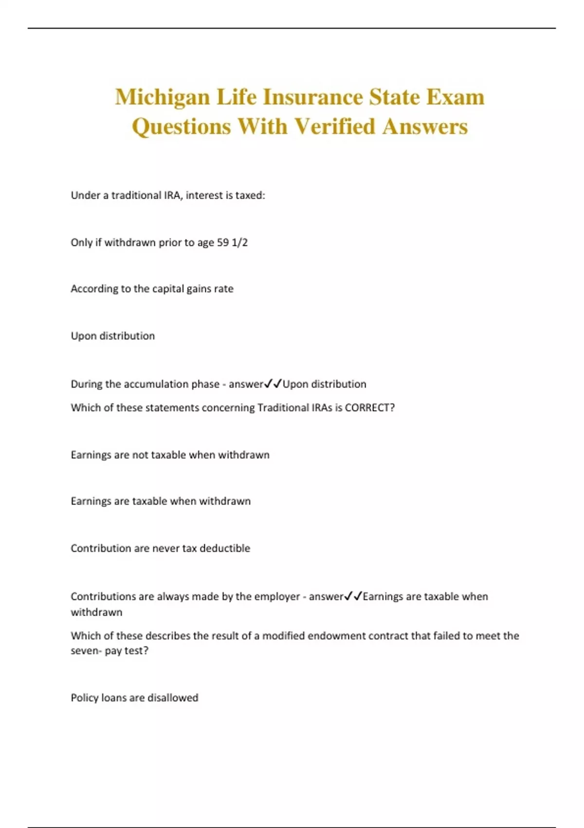 Michigan Life Insurance Exam Bundle With Complete Solutions. Verified ...