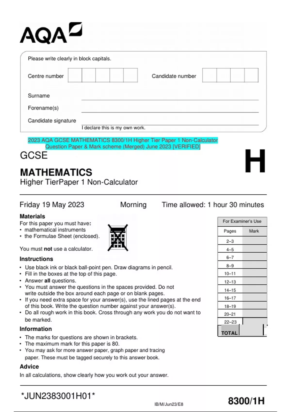 2023 AQA GCSE MATHEMATICS 8300/1H Higher Tier Paper 1 Non-Calculator ...