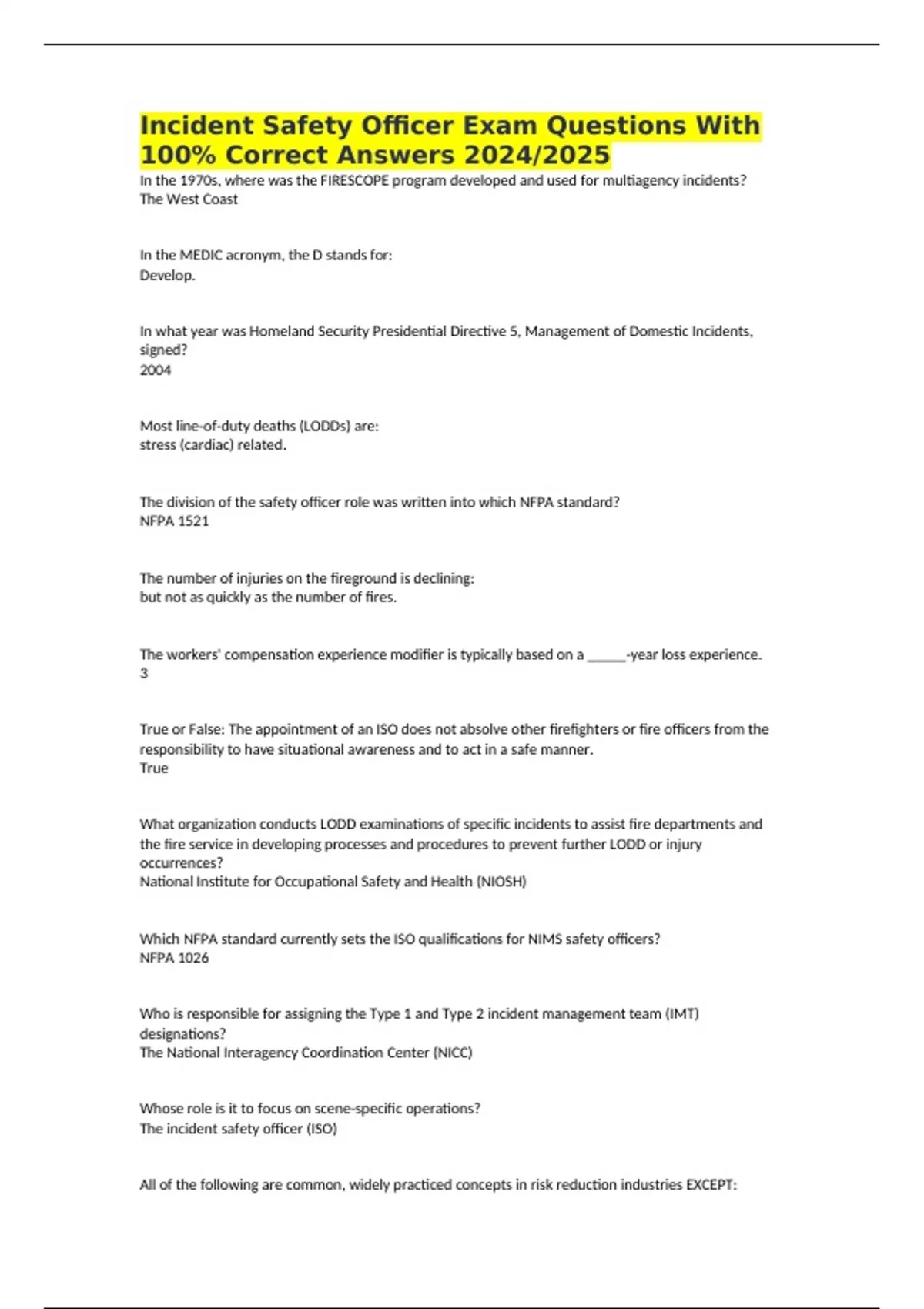 Incident Safety Officer Exam Questions With 100% Correct Answers 2024/ ...