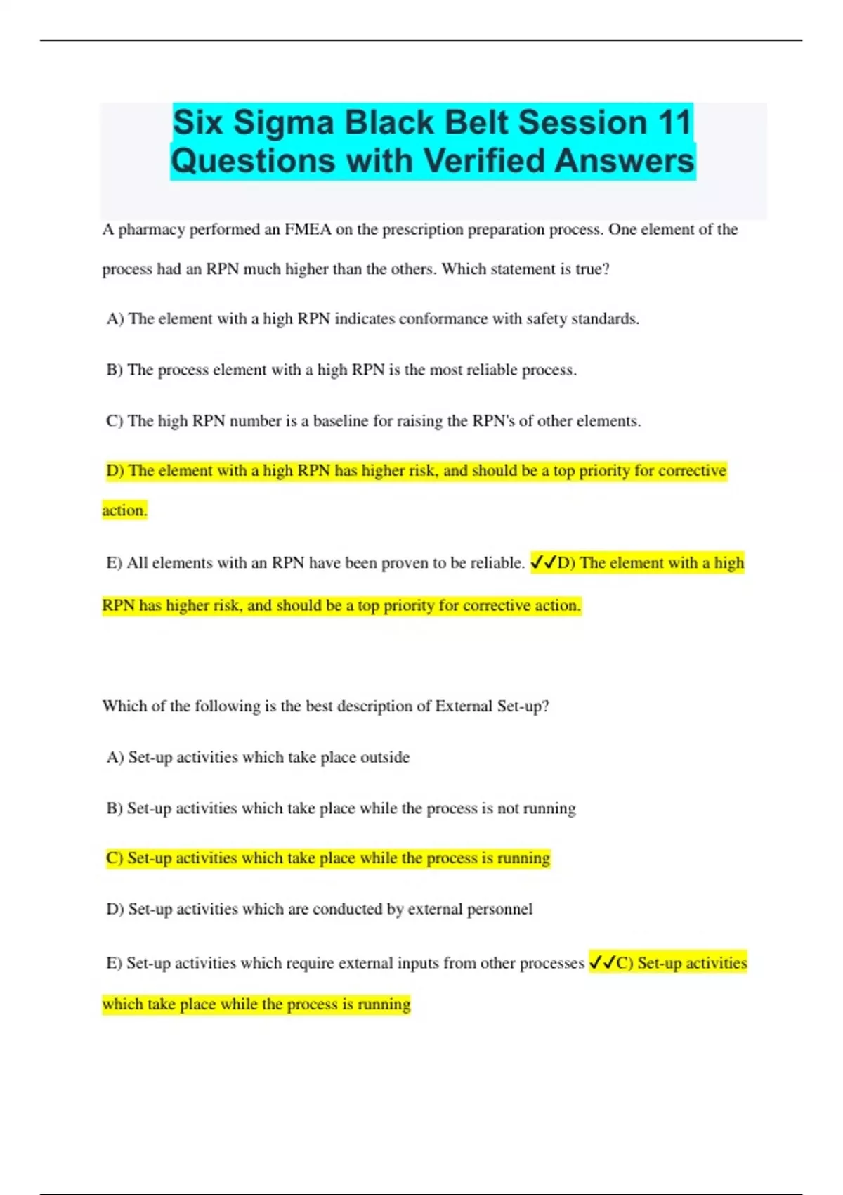 Six Sigma Black Belt Session 11 Questions with Verified Answers - Six ...