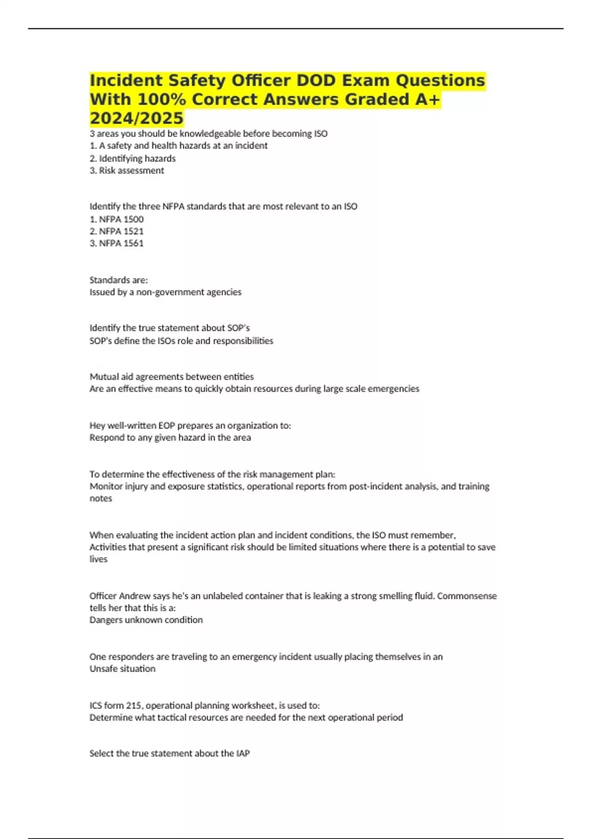 Incident Safety Officer DOD Exam Questions With 100% Correct Answers ...