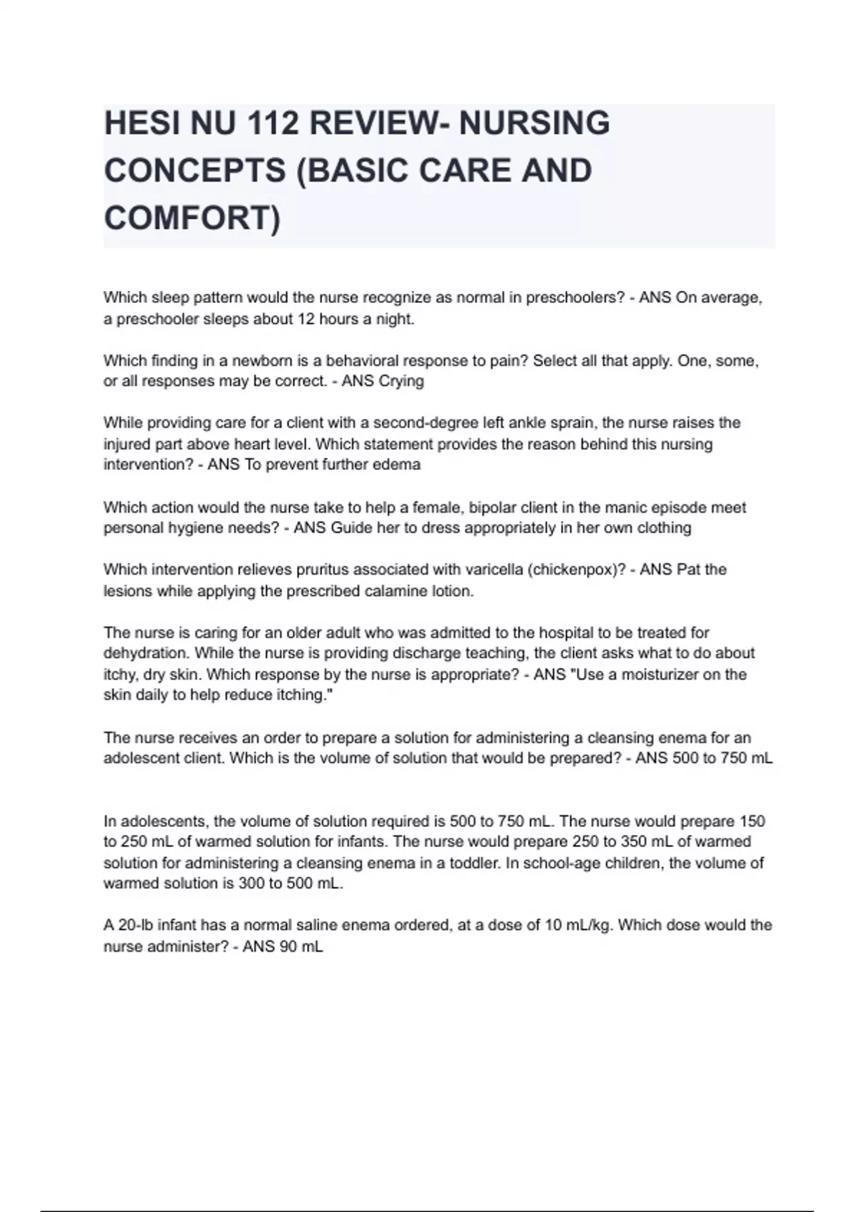 HESI NU 112 REVIEW- NURSING CONCEPTS (BASIC CARE AND COMFORT) Exam 2024 ...