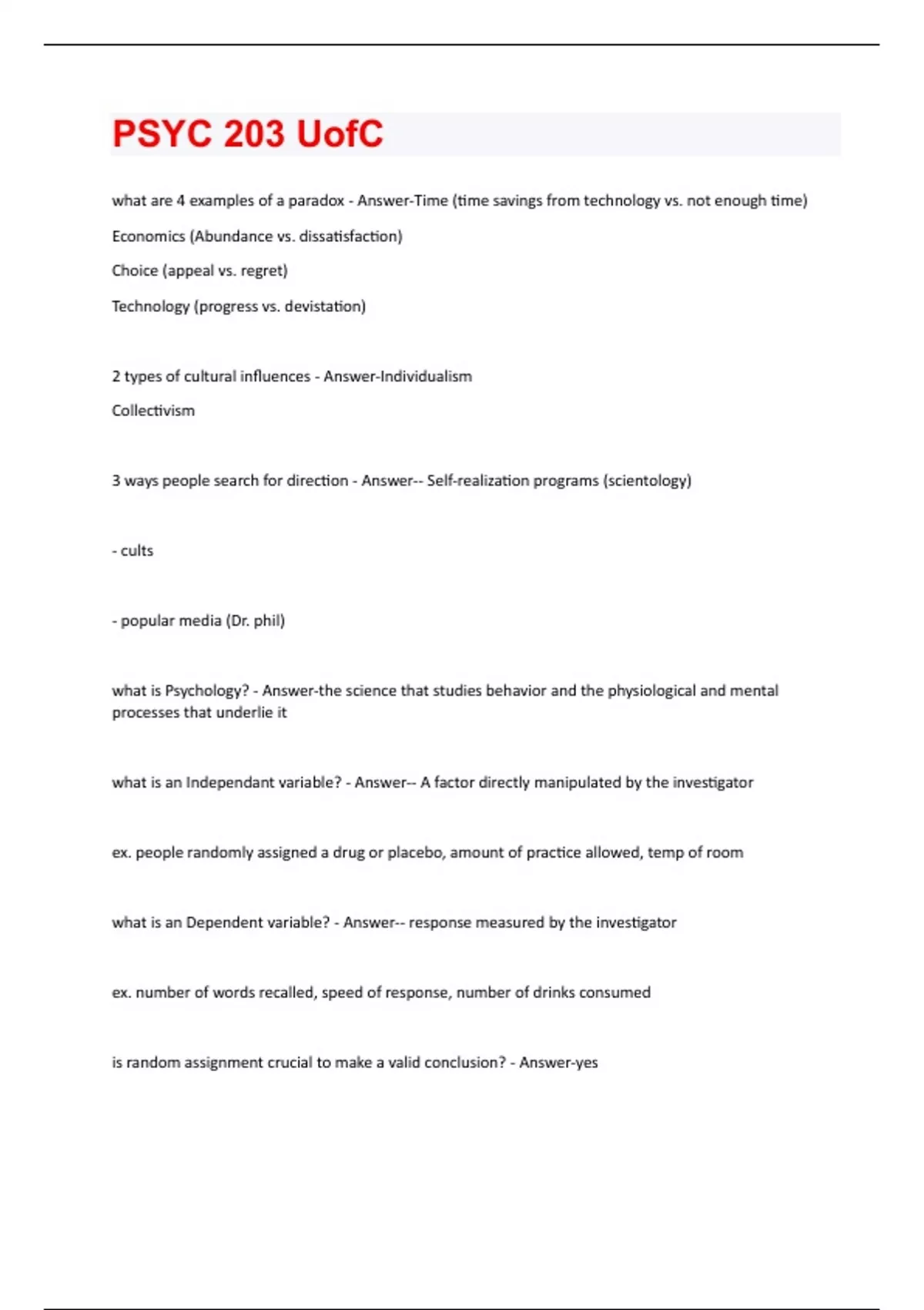 PSYC 203 UofC Questions And Answers With Verified Study Solutions ...