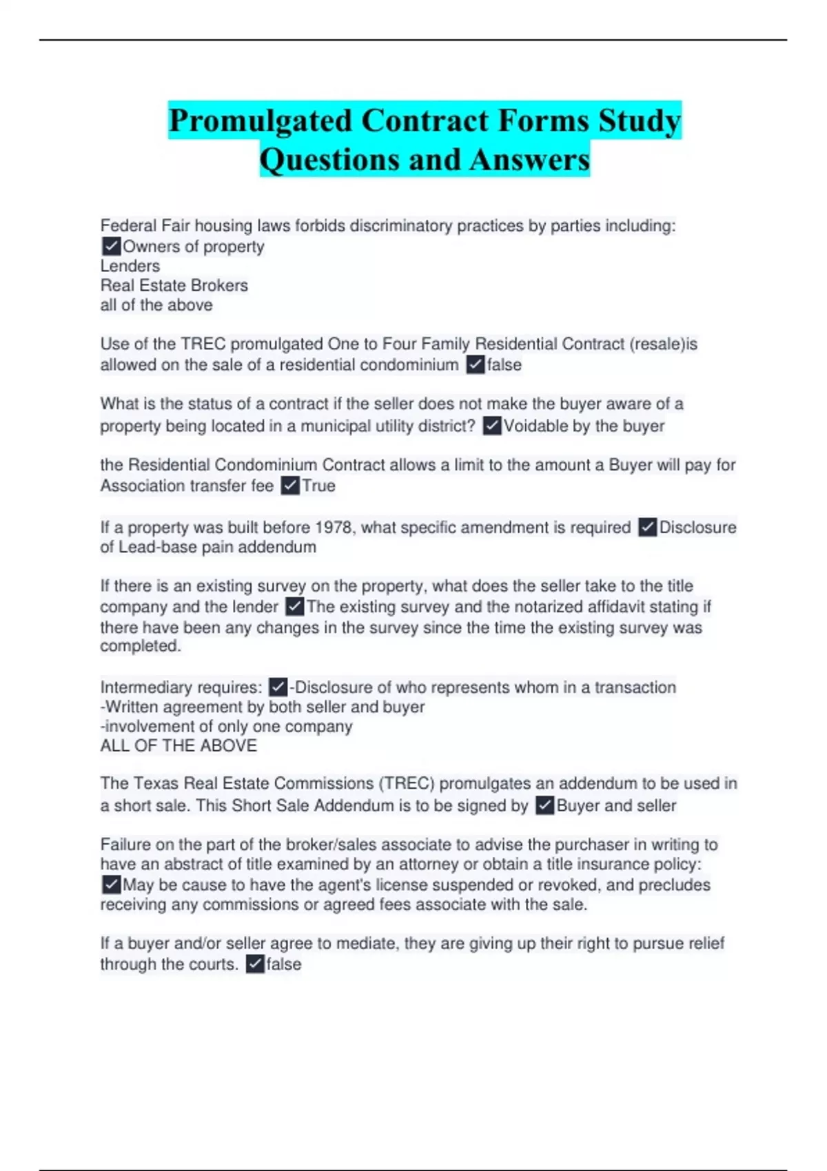 Promulgated Contract Forms Study Questions and Answers - Promulgated ...