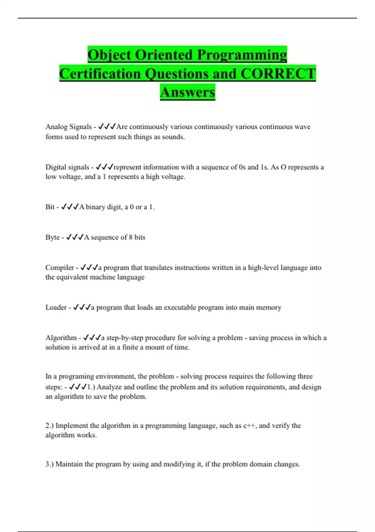 Object Oriented Programming Bundled Exam Questions WITH CORRECT Answers - Stuvia US