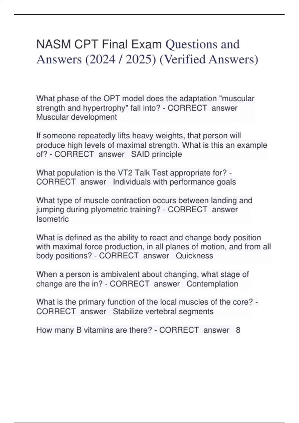 NASM CPT Final Exam Questions and Answers (2024 / 2025) (Verified Answers - NASM CPT - Stuvia US