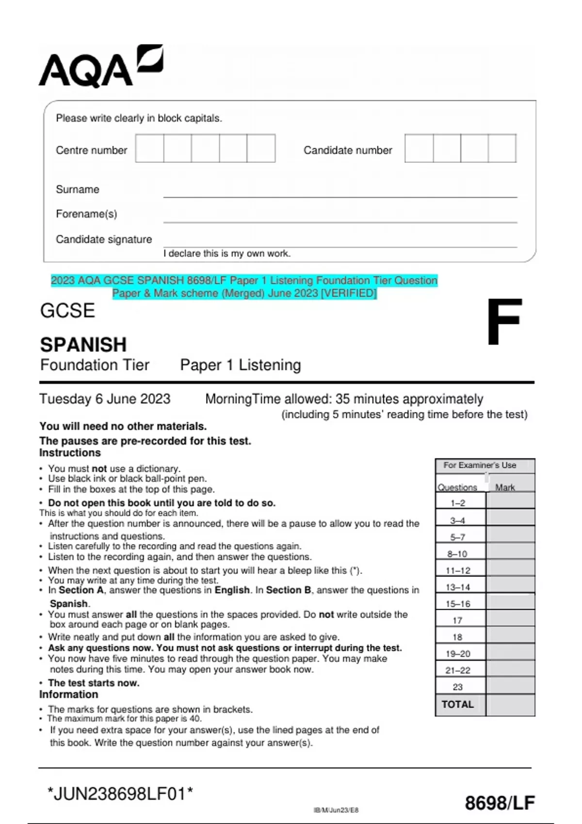 2023 AQA GCSE SPANISH 8698/LF Paper 1 Listening Foundation Tier ...
