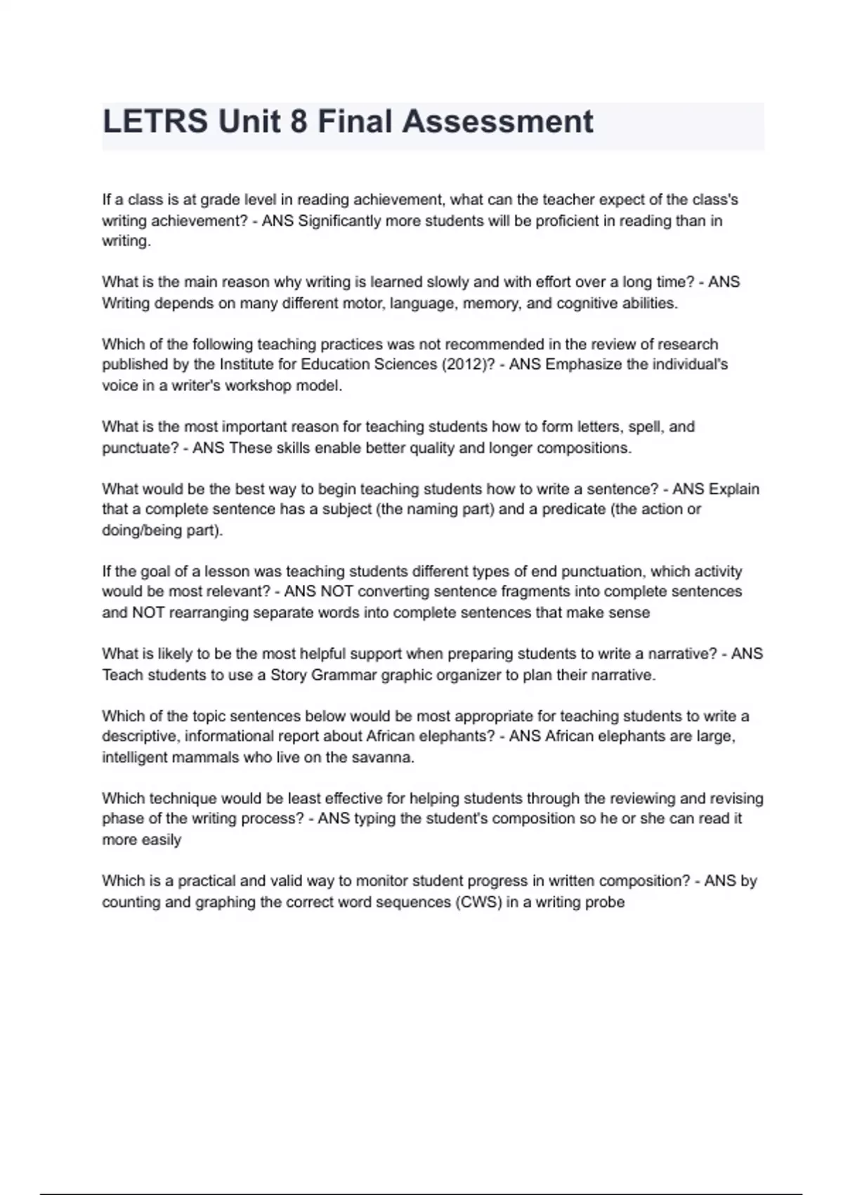 LETRS Unit 8 Final Assessment Exam 2024/2025 Questions With Completed ...