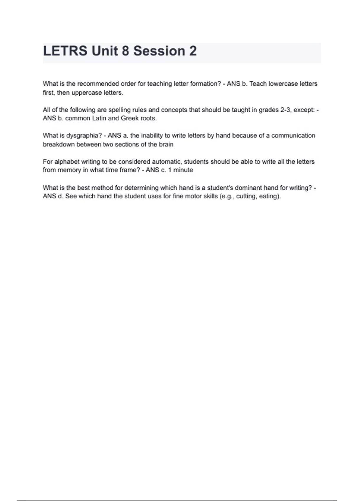 LETRS Unit 8 Session 2 Exam 2024/2025 Questions With Completed ...