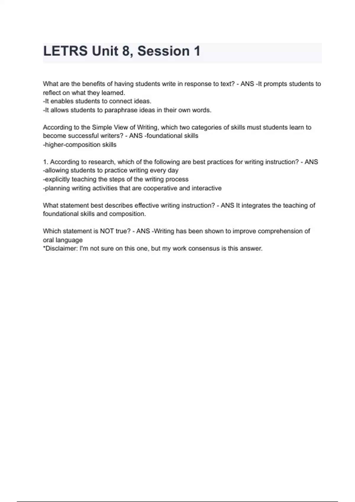 LETRS Unit 8, Session 1 Exam 2024/2025 Questions With Verified ...