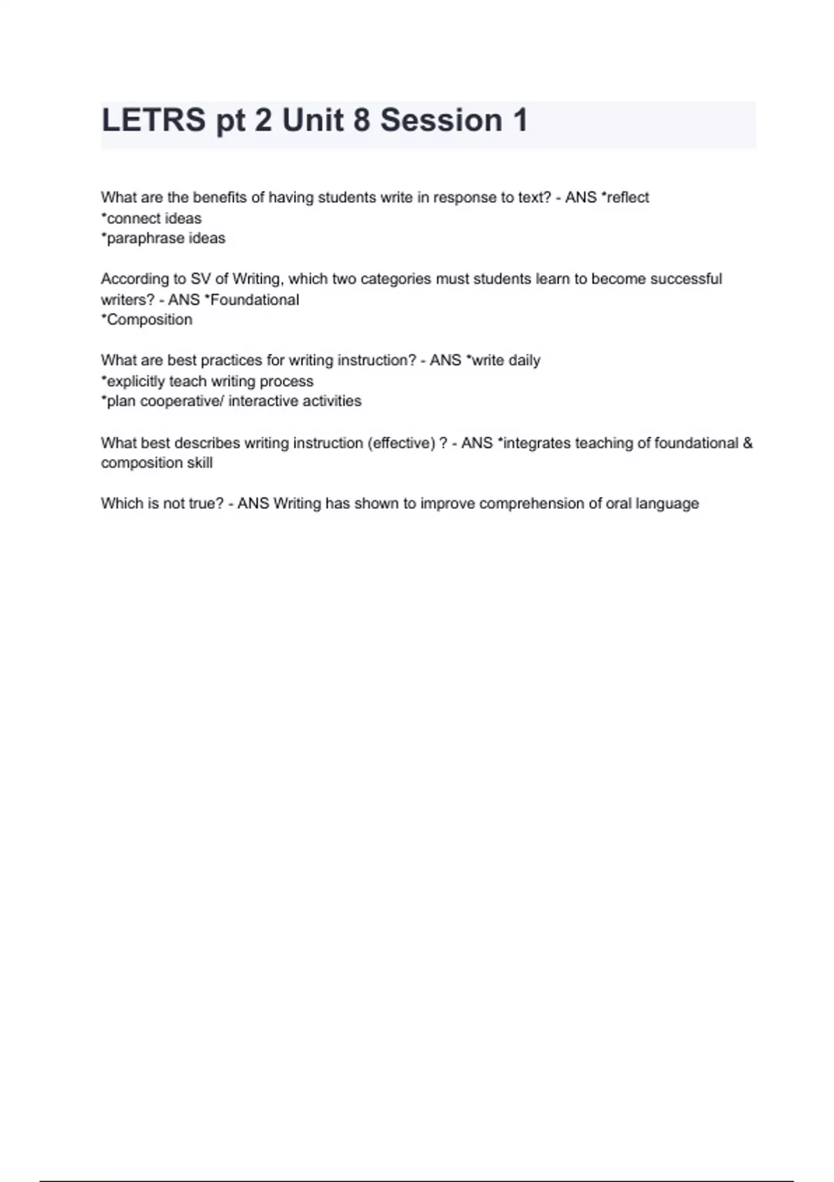 LETRS pt 2 Unit 8 Session 1 Exam 2024/2025 Questions With Completed ...