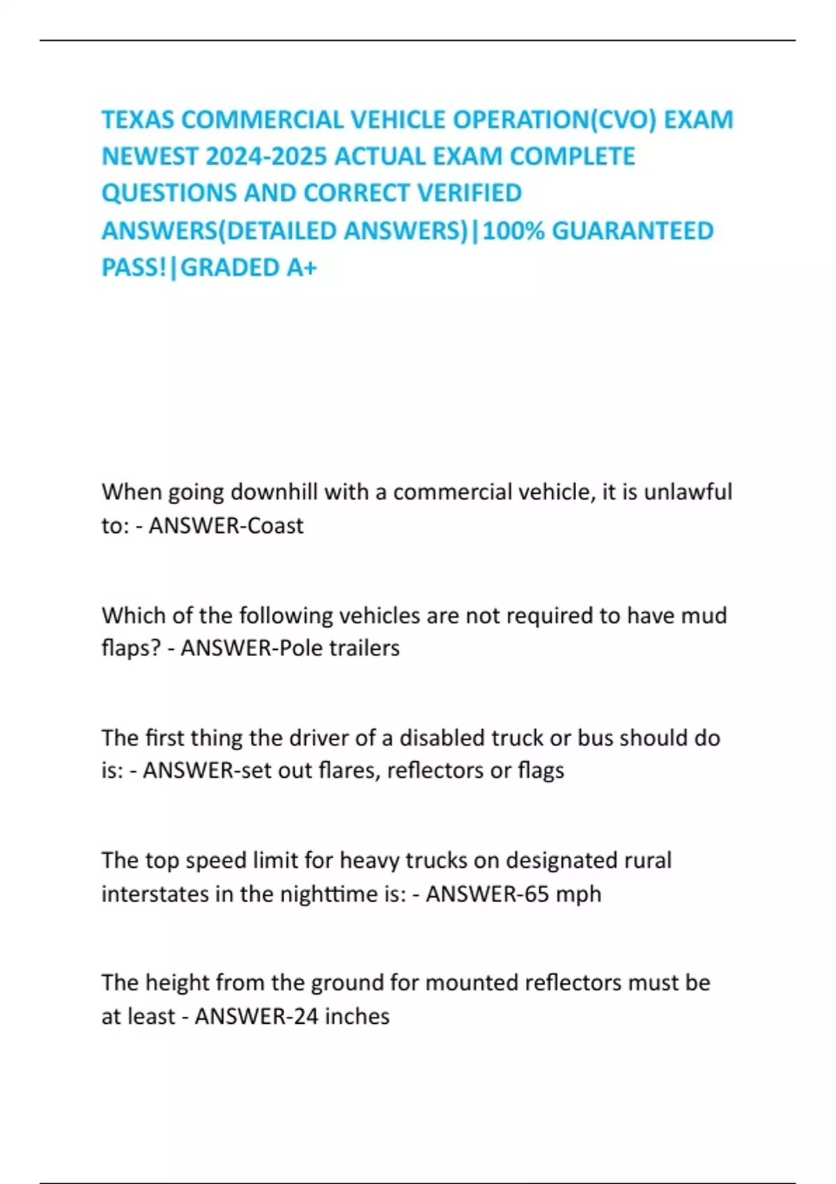 TEXAS COMMERCIAL VEHICLE OPERATION(CVO) EXAM NEWEST ACTUAL EXAM ...