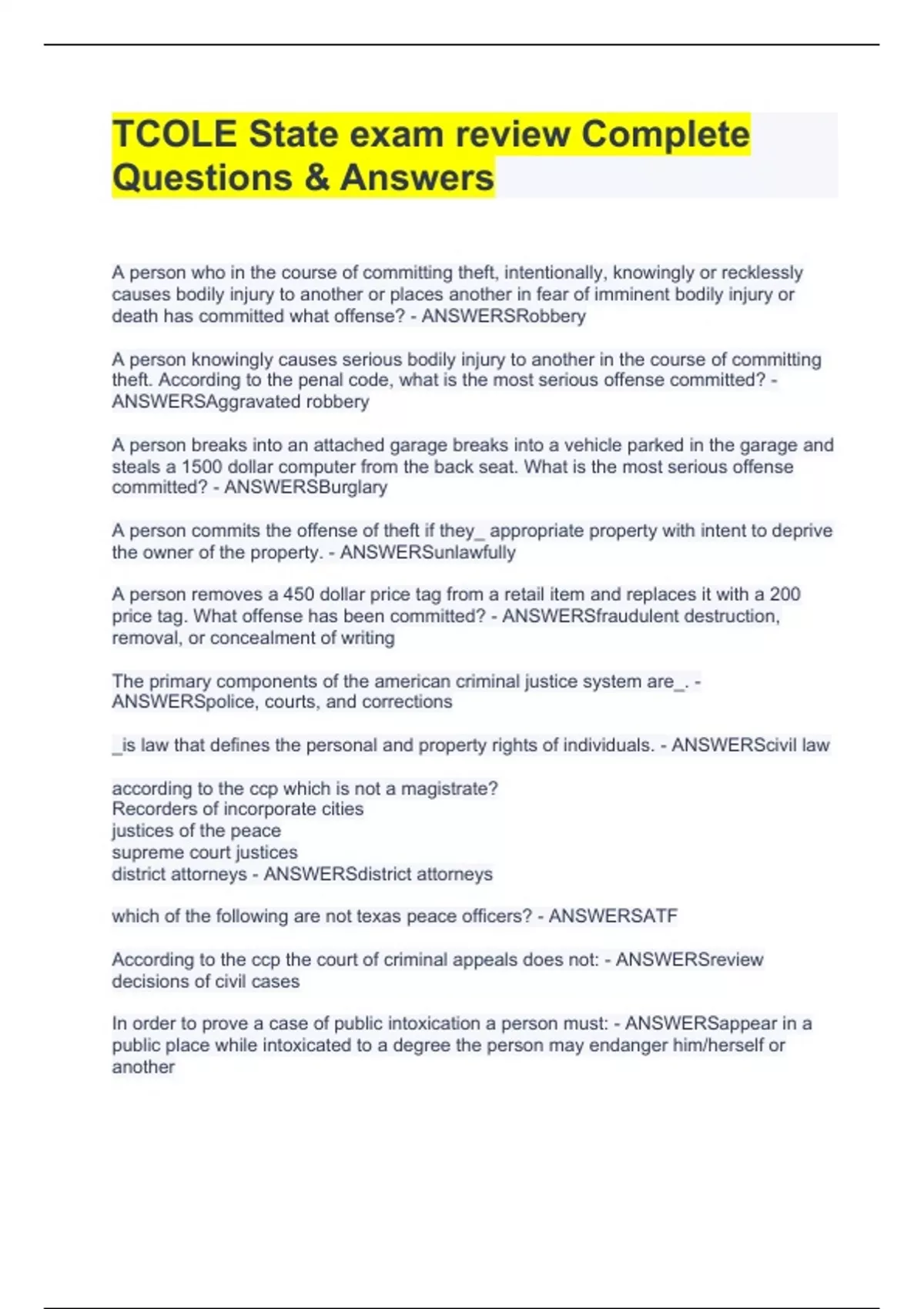 TCOLE Rules Correct Questions & Answers(Latest Update 2024)Accurate ...