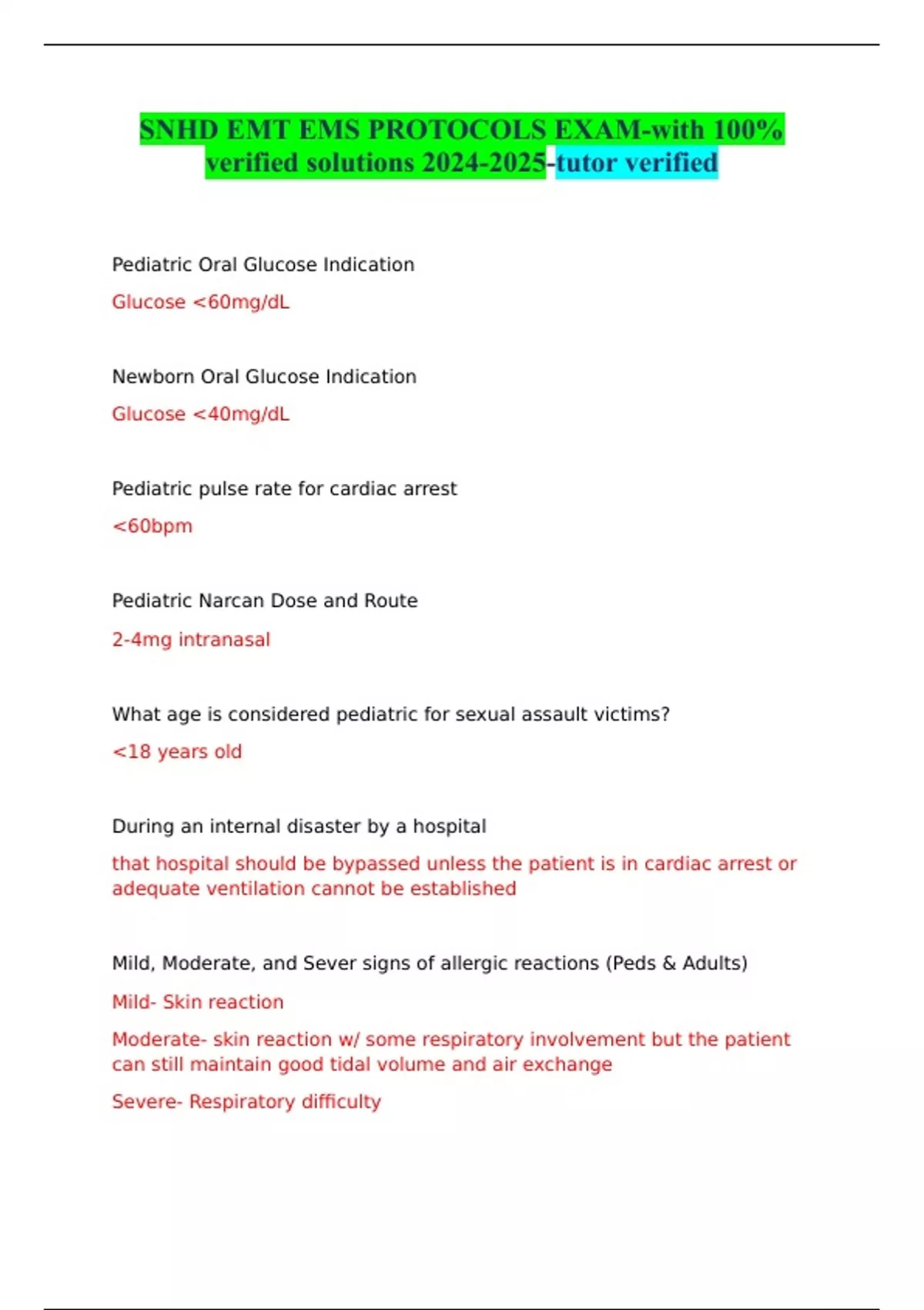 SNHD EMT EMS PROTOCOLS EXAM-with 100% verified solutions -tutor ...