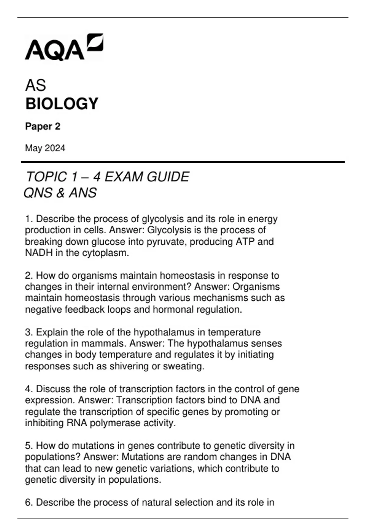 AQA AS BIOLOGY PAPER 2 TOPIC 1 - 4 EXAM GUIDE QNS & ANS MAY 2024 ...