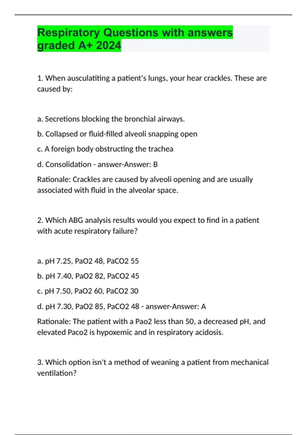 Respiratory Questions with answers graded A+ 2024 - Respiratory - Stuvia US