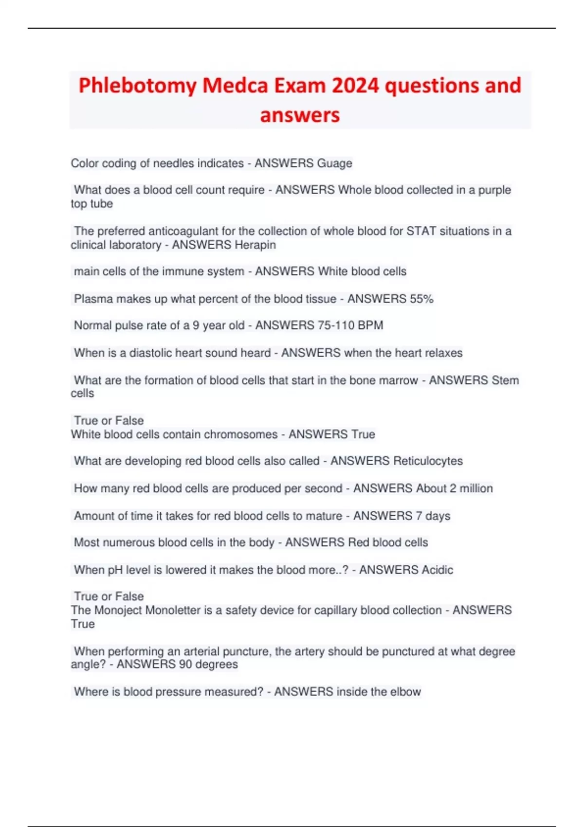 Phlebotomy Medca Exam 2024 questions and answers - Medca - Stuvia US