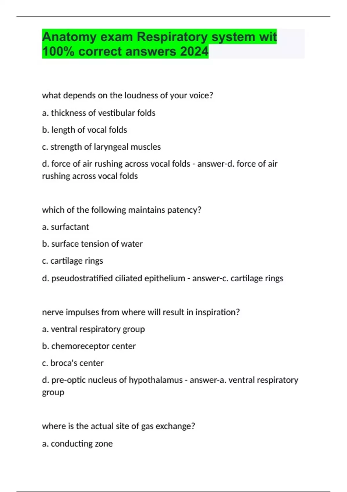 Anatomy exam Respiratory system wit 100% correct answers 2024 ...