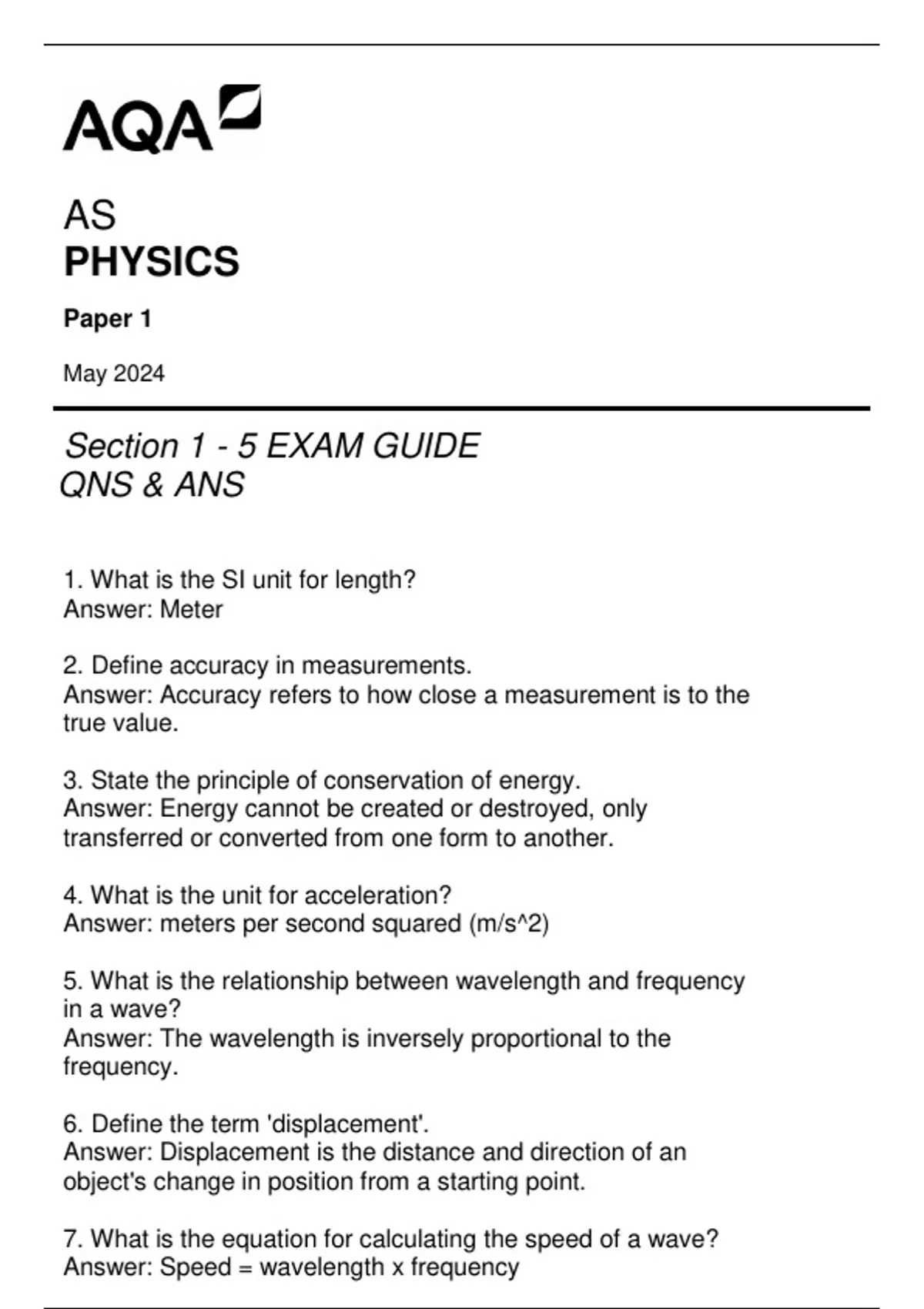 AQA AS PHYSICS PAPER 1 SECTION 1 - 5 EXAM GUIDE QNS & ANS MAY 2024 ...