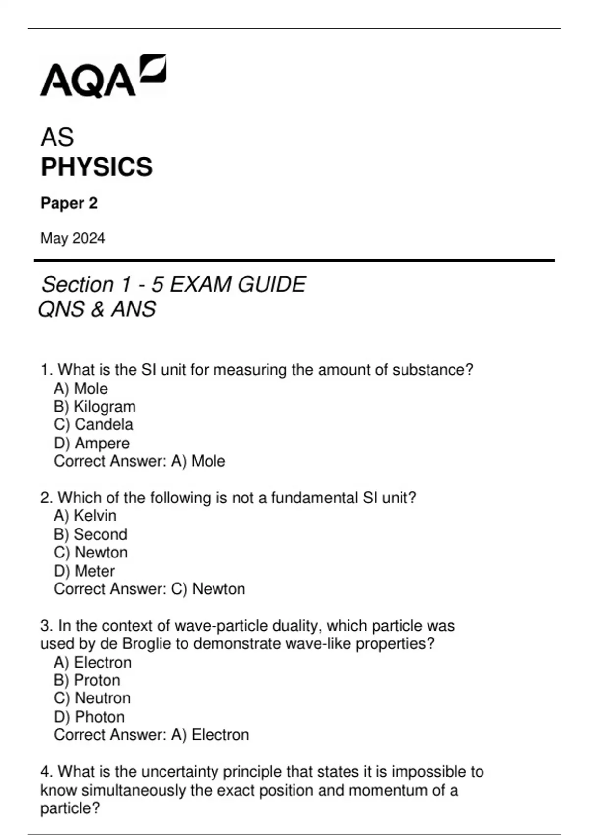 AQA AS PHYSICS PAPER 2 SECTION 1 - 5 EXAM GUIDE QNS & ANS MAY 2024 - PHYSICS - Stuvia US