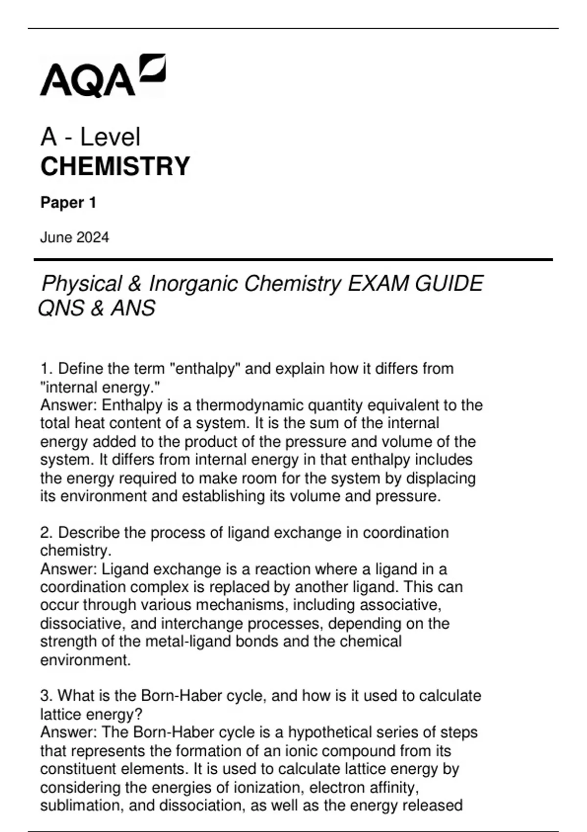 AQA A-LEVEL CHEMISTRY PAPER 1 PHYSICAL & INORGANIC CHEMSIRTY EXAM GUIDE QNS & ANS - AQA AS A ...