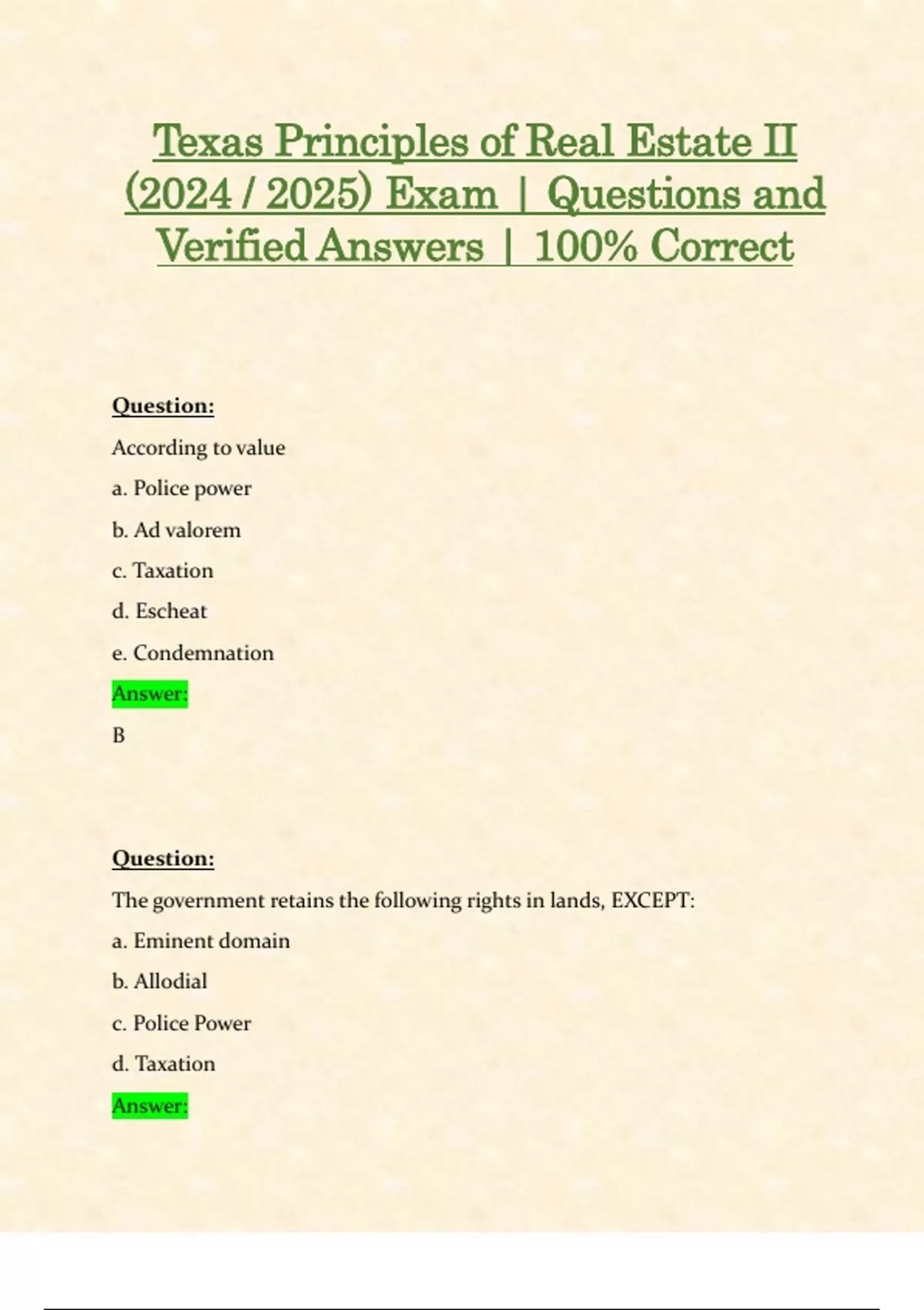 Texas Principles of Real Estate II Final Exams | Questions and Verified ...