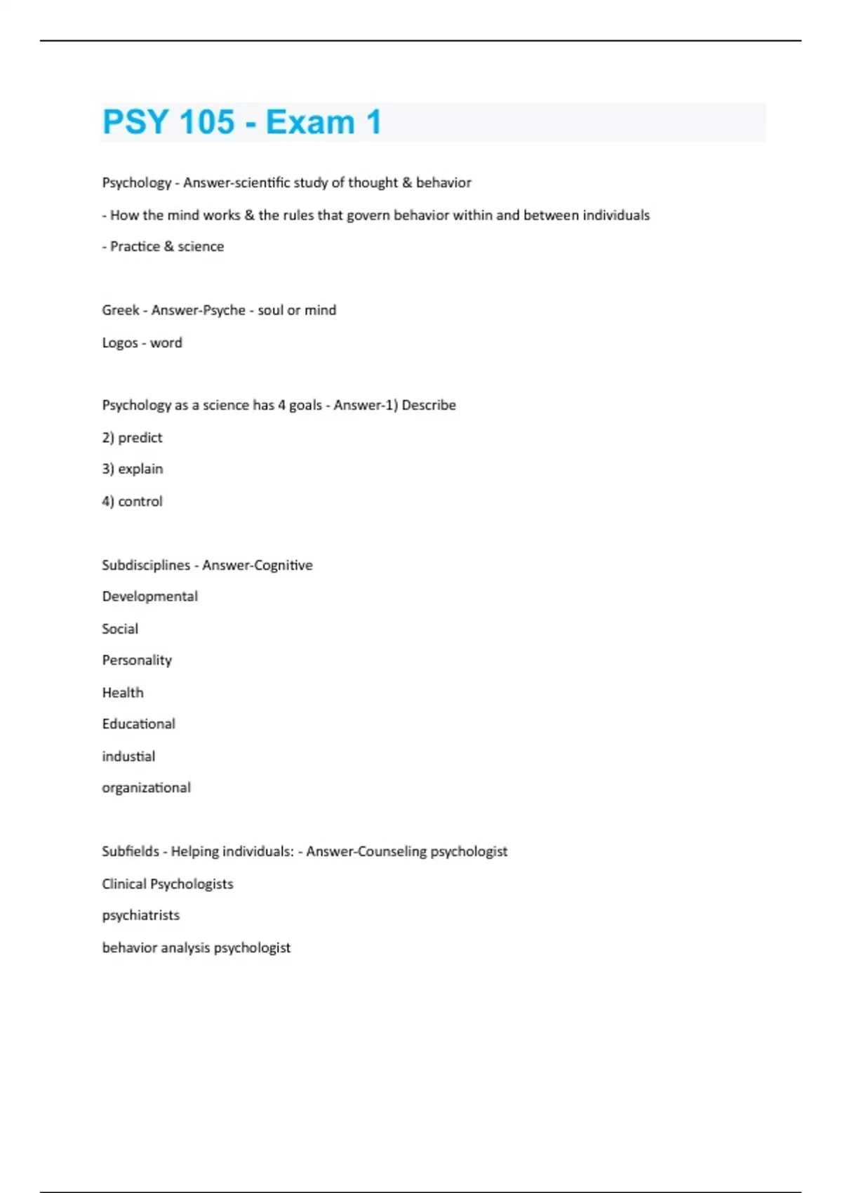 PSY 105 - Exam 1 Questions Perfectly Answered!! - PSY 105 - Stuvia US