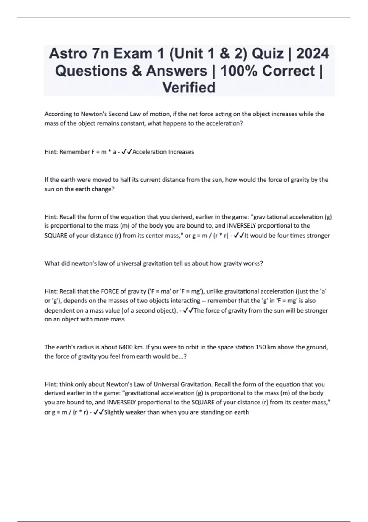 Astro 7n Exam 1 Unit 1 And 2 Quiz 2024 Questions And Answers 100 Correct Verified Astro