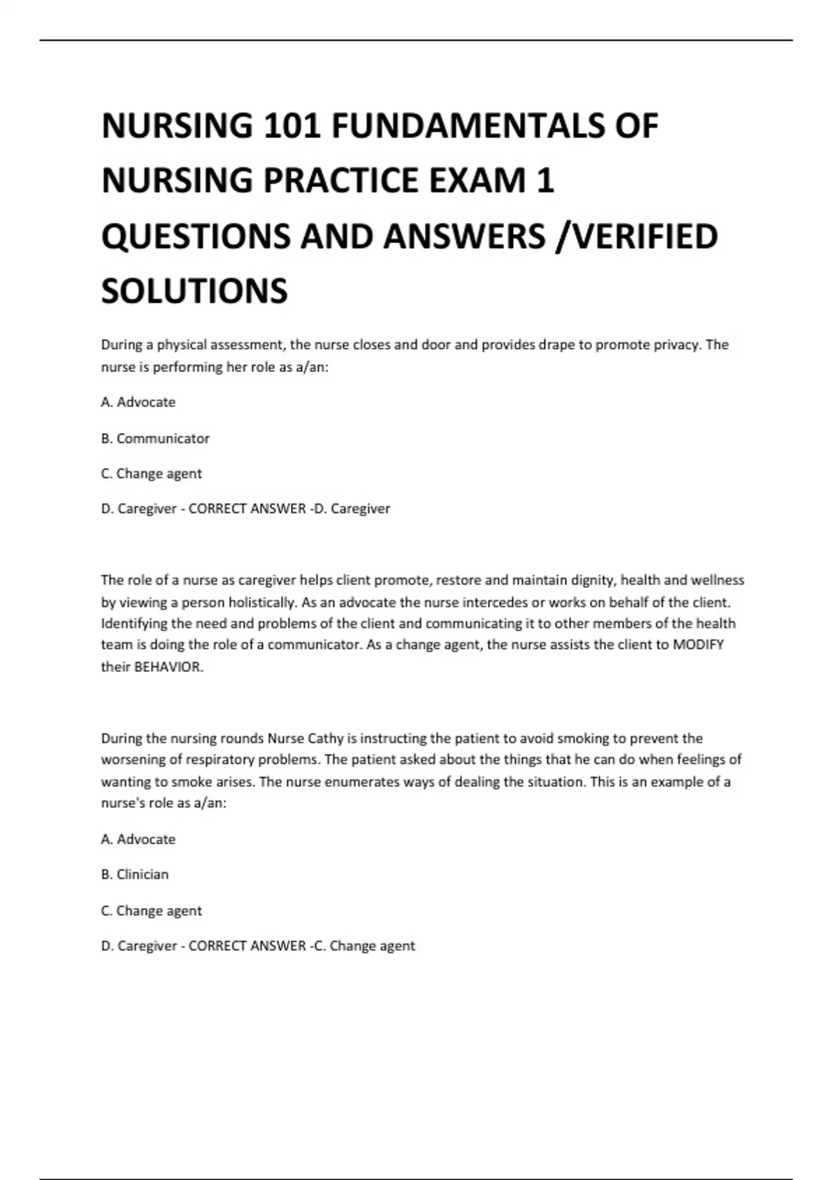 NURSING 101 FUNDAMENTALS OF NURSING PRACTICE EXAM 1 QUESTIONS AND ...