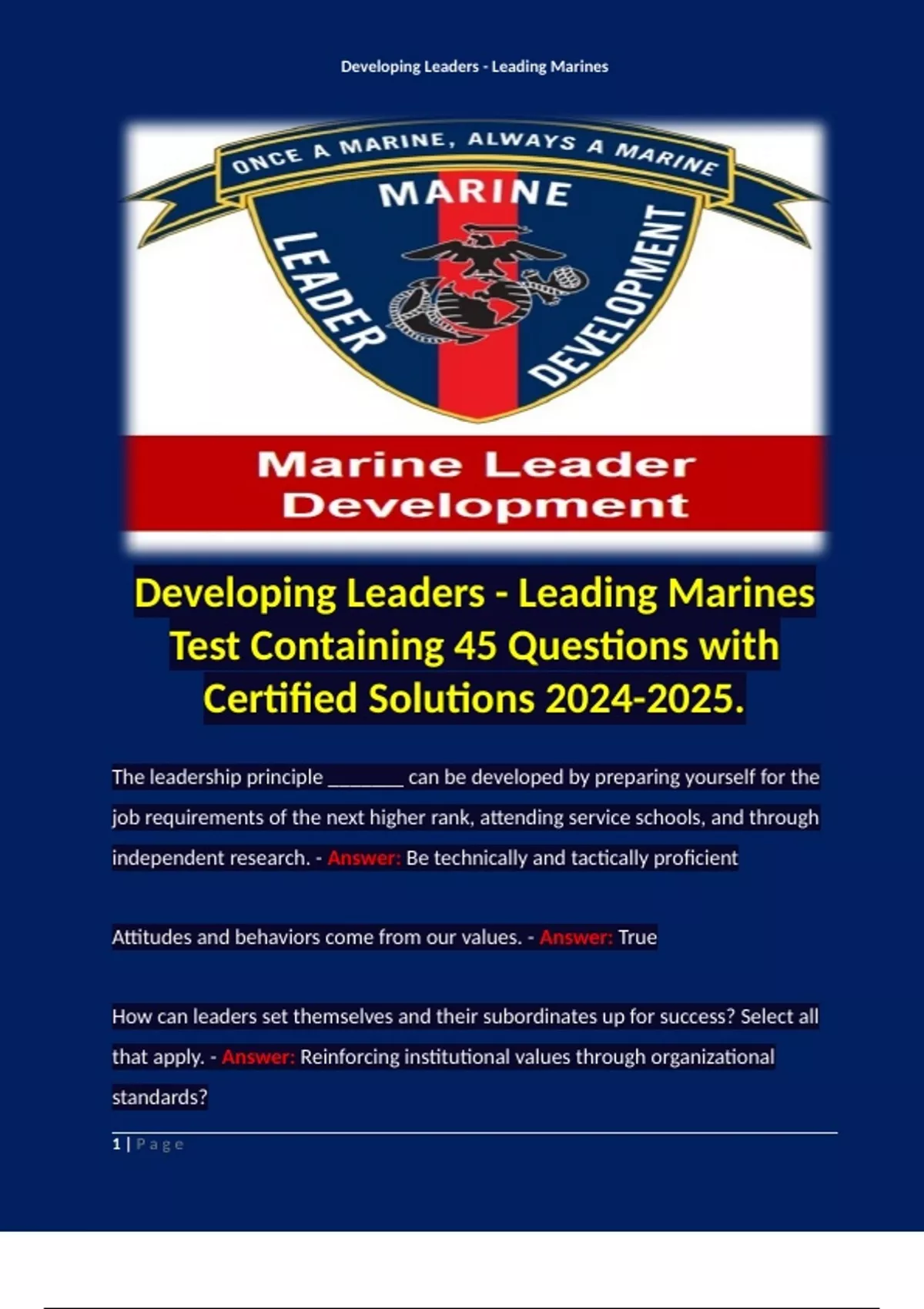 Developing Leaders - Leading Marines Test Containing 45 Questions with ...