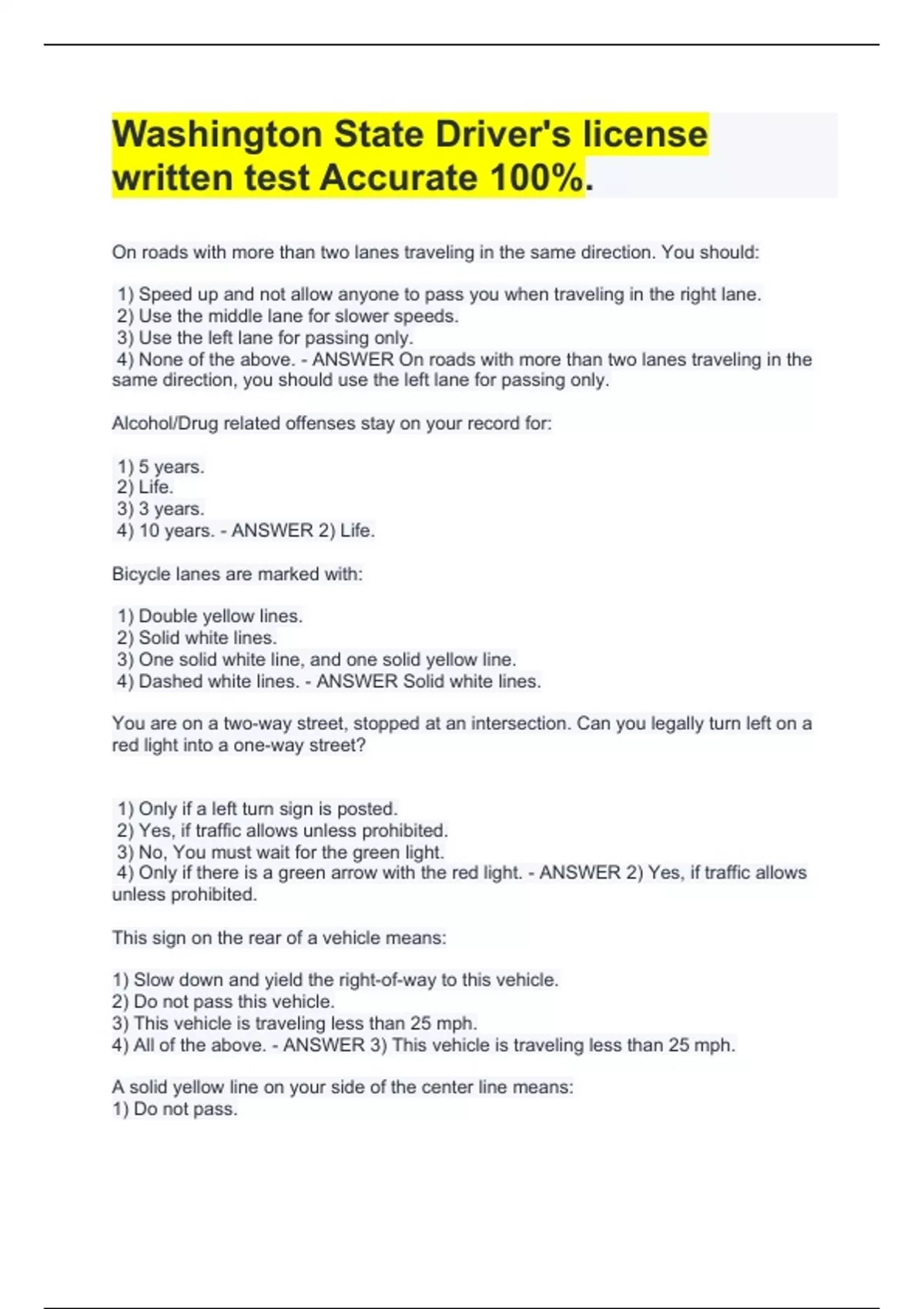 Washington State Driver's license written test Accurate 100% ...