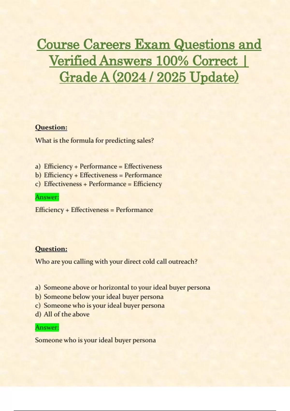 Course Careers Exam | Questions and Verified Answers | 100% Correct ...