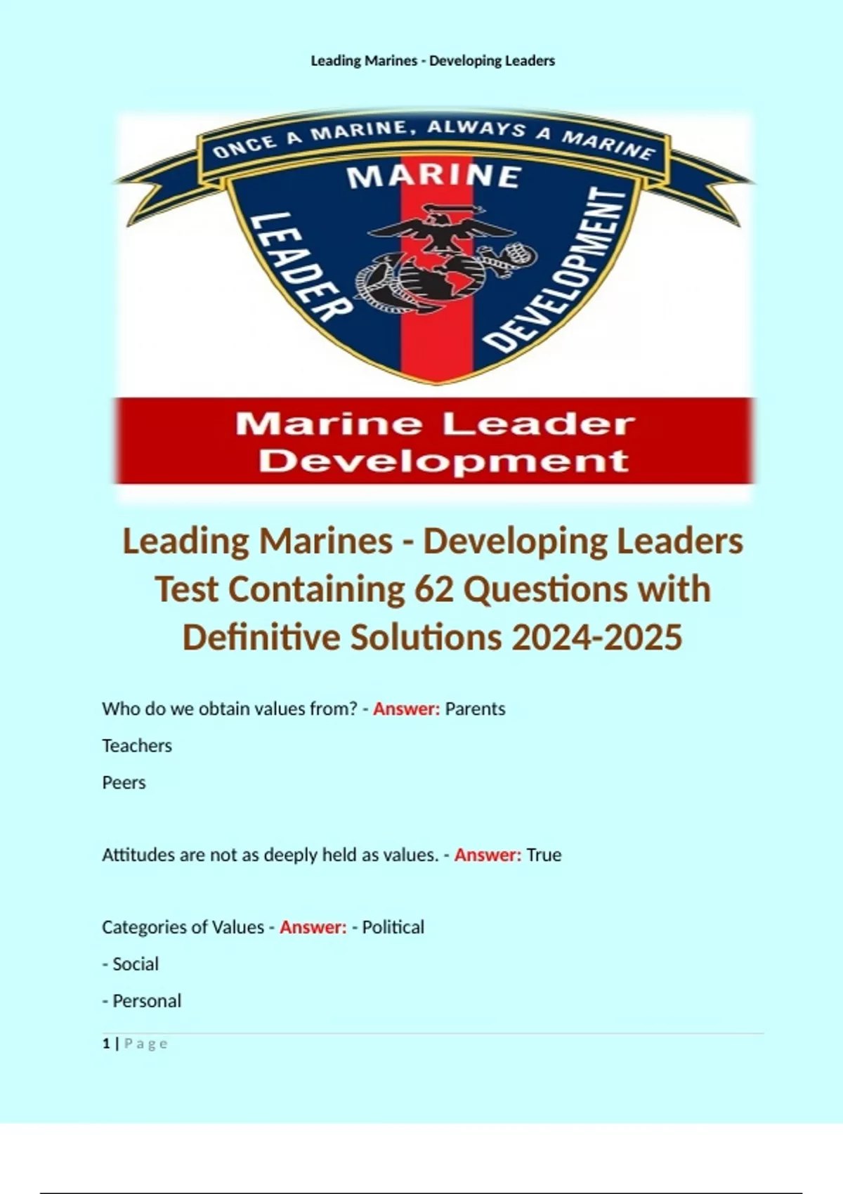 Leading Marines - Developing Leaders Test Containing 62 Questions with ...