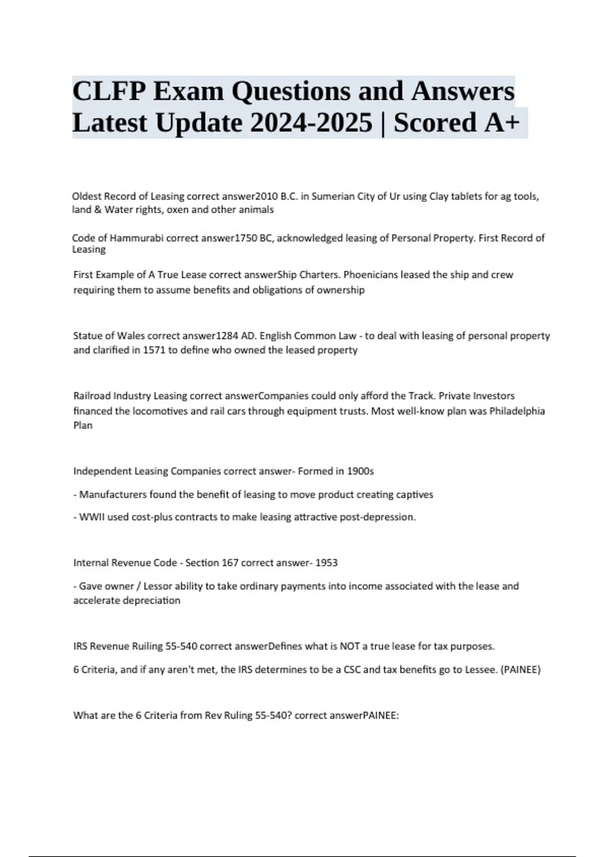 CLFP Exam Questions and Answers Latest Update Scored A+. - CLFP - Stuvia US