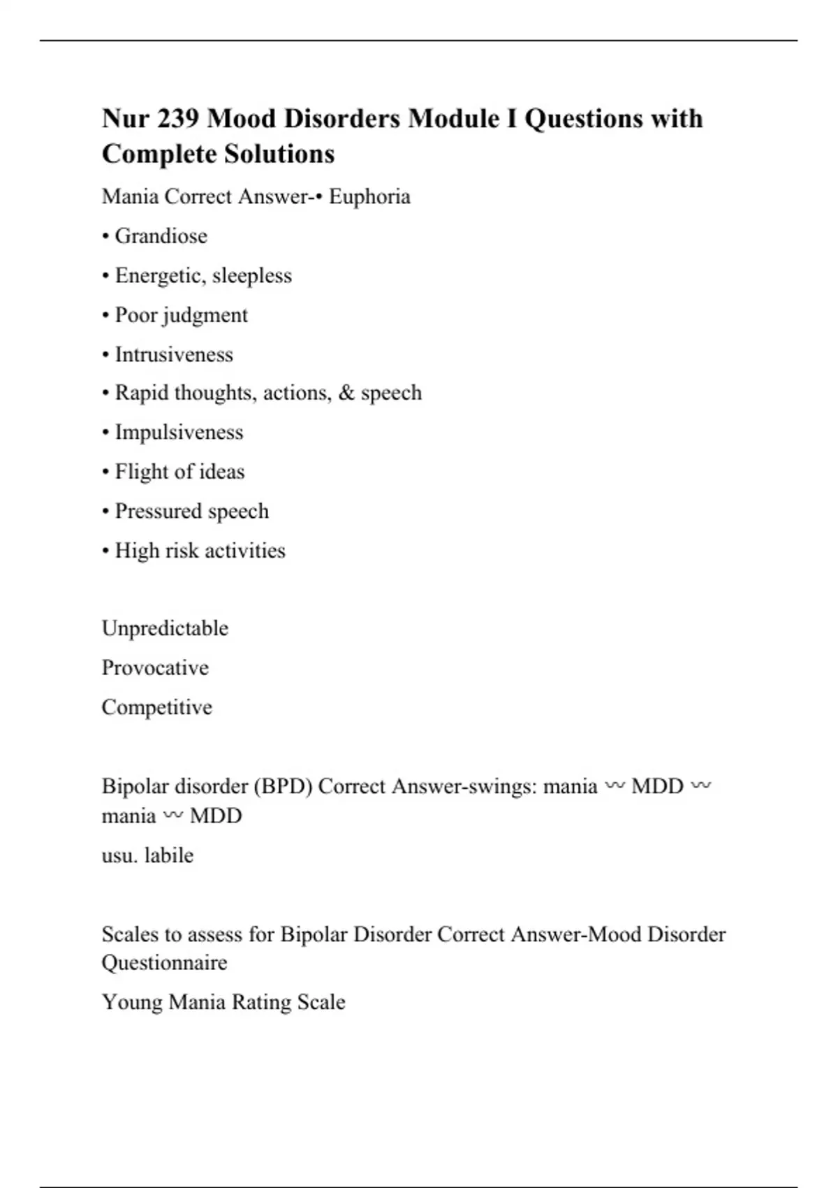Nur 239 Mood Disorders Module I Questions with Complete Solutions - NUR ...